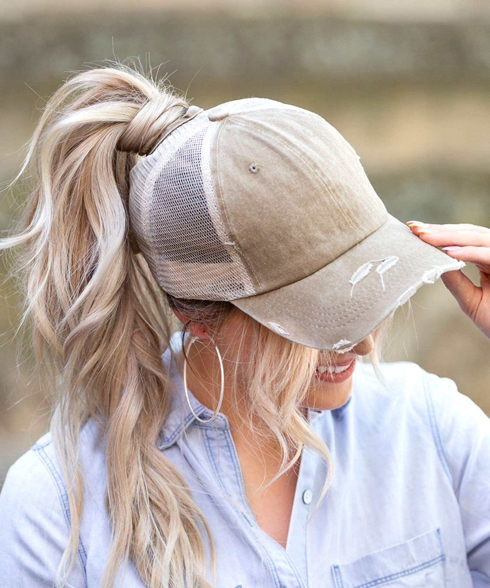 ProMindFun Womens Ponytail High Messy Bun Hats Distressed Baseball Caps Unconstructed Washed Dad Hat Girls Trucker Ponycaps (03-Light Khaki)