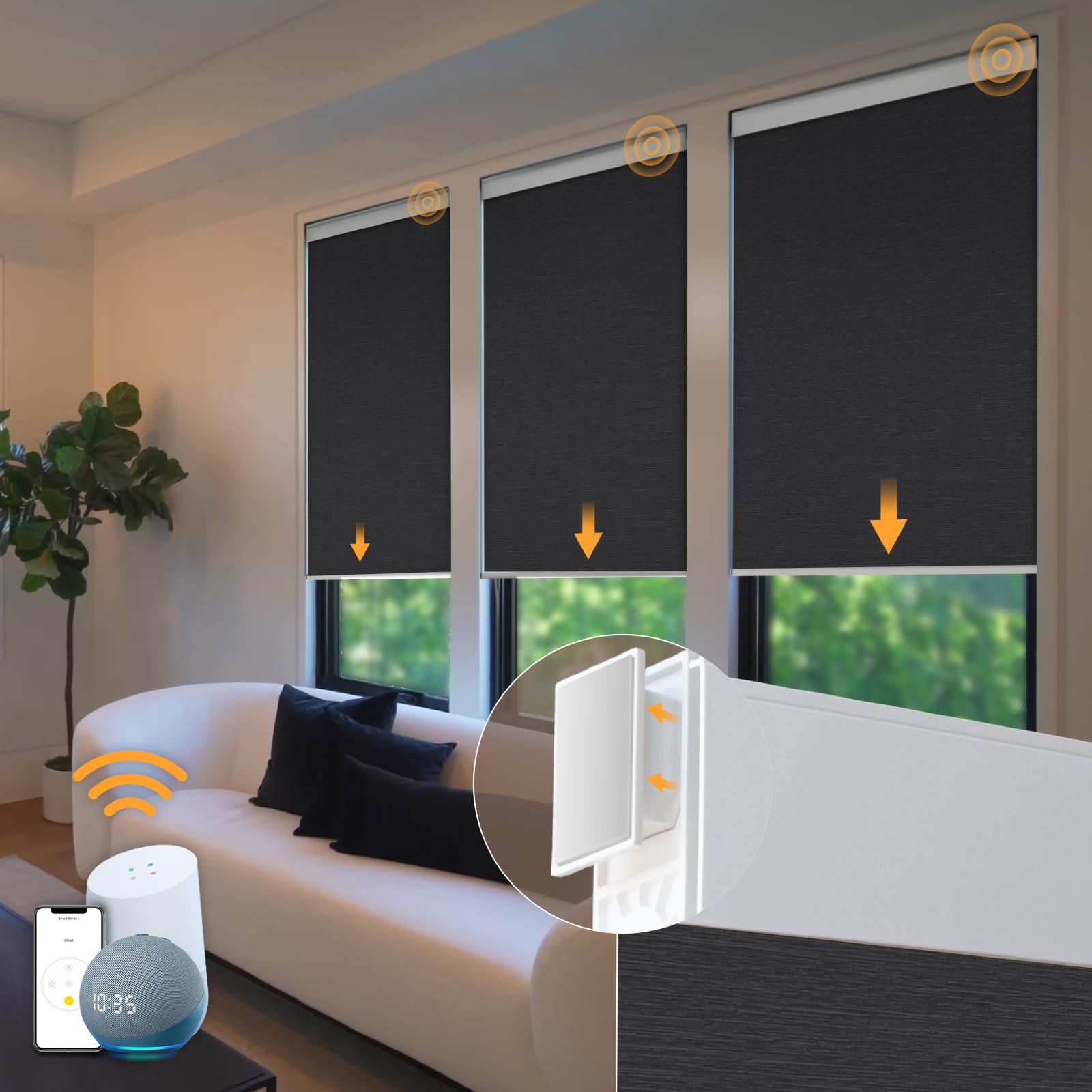 Motorized Blinds No Drill Automatic Blinds for Windows Cordless Roller Shades Electric Blinds with Remote Control Smart Blinds (Black, 34 x 72)