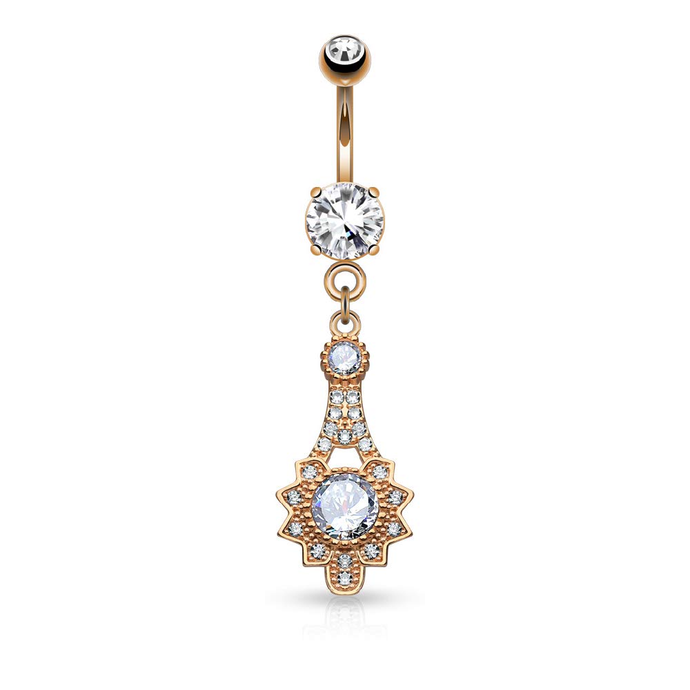Pierced Owl 14G Stainless Steel CZ Crystal Tribal Sun Dangling Belly Button Ring (Rose Gold Tone)