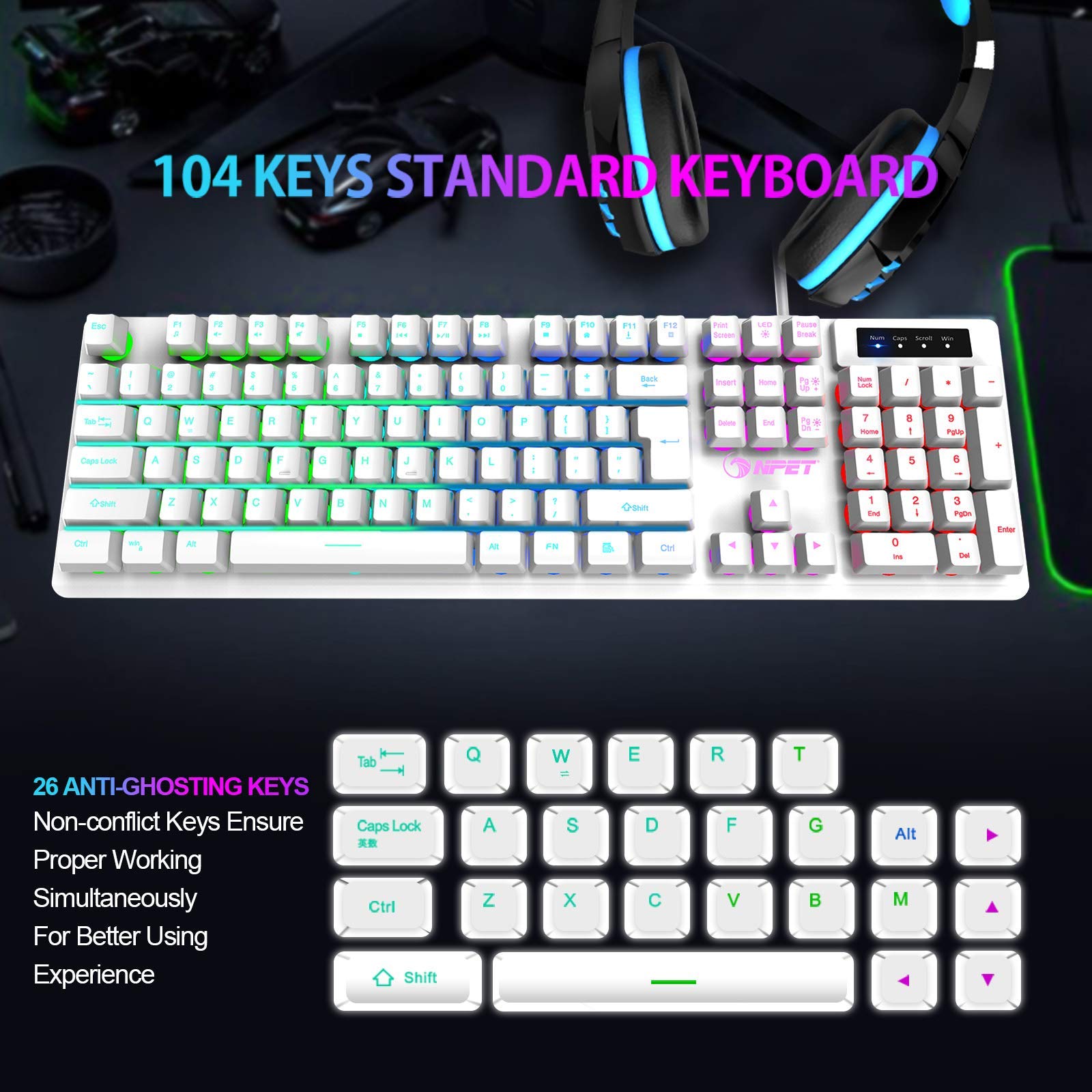 NPET K10 Gaming Keyboard USB Wired Floating Keyboard and Gaming Mouse Bundle, LED Backlit Keyboard for Desktop, Computer, PC, White