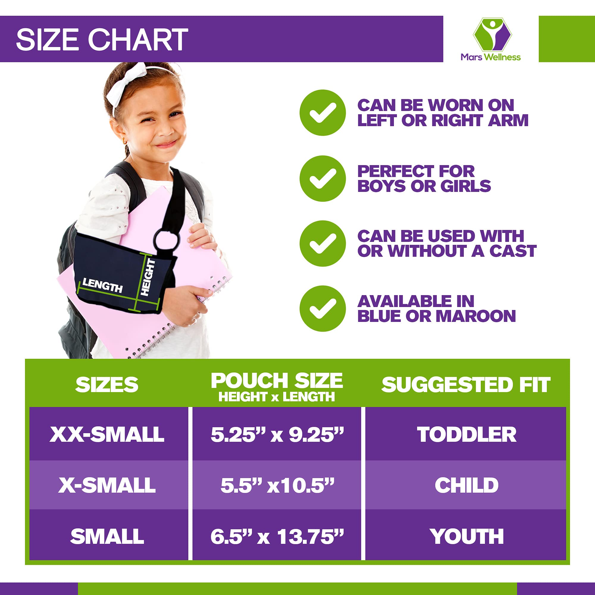 Mars Wellness Pediatric Kids Medical Shoulder and Arm Sling - Adjustable Neck Sling for Kids - Thumb Loop for Added Support - Blue