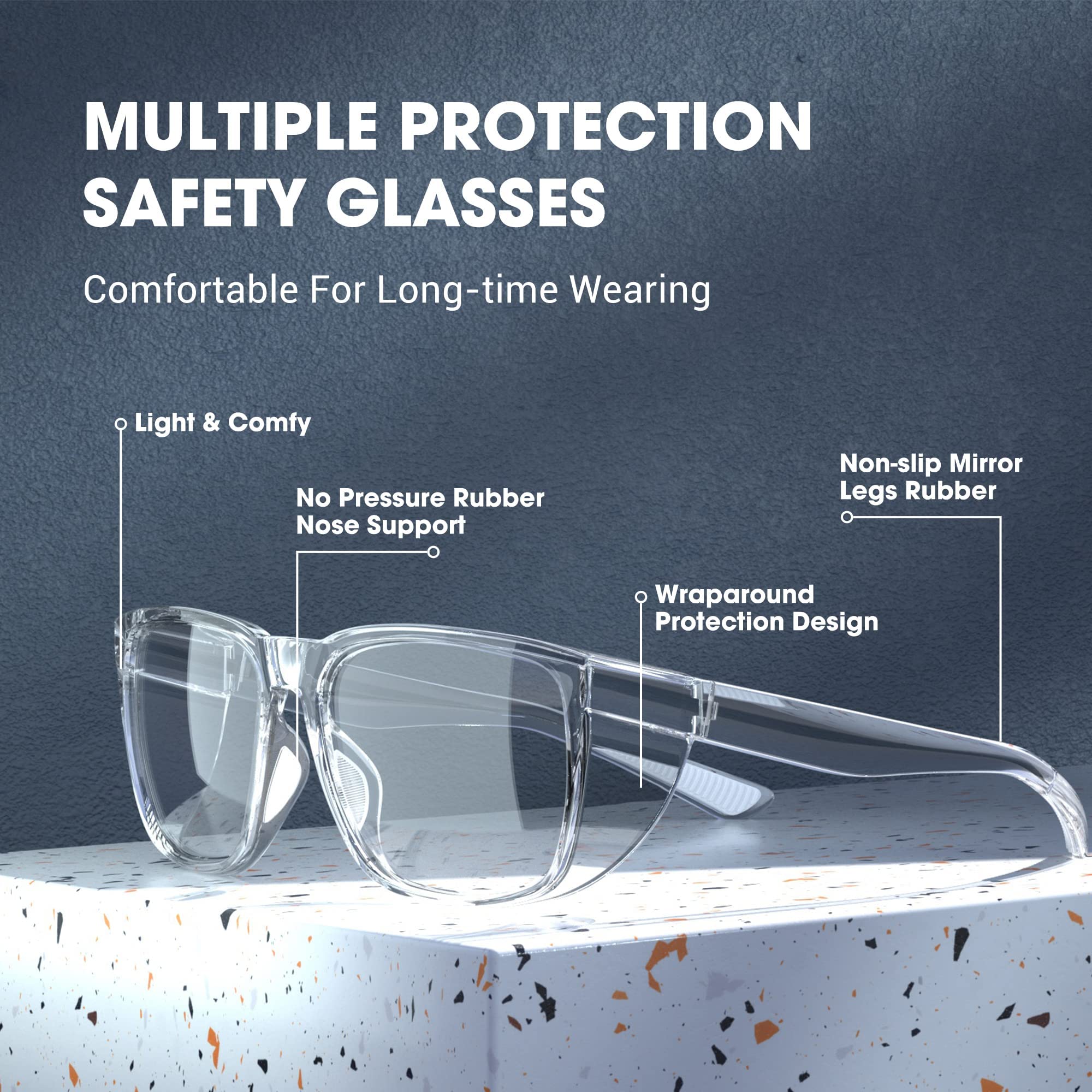 WOOLIKE Safety Glasses Anti Fog Square Clear Safety Goggles Scratch Resistant with Blue Light Blocking Glasses for Women Men (Transparent black frame)