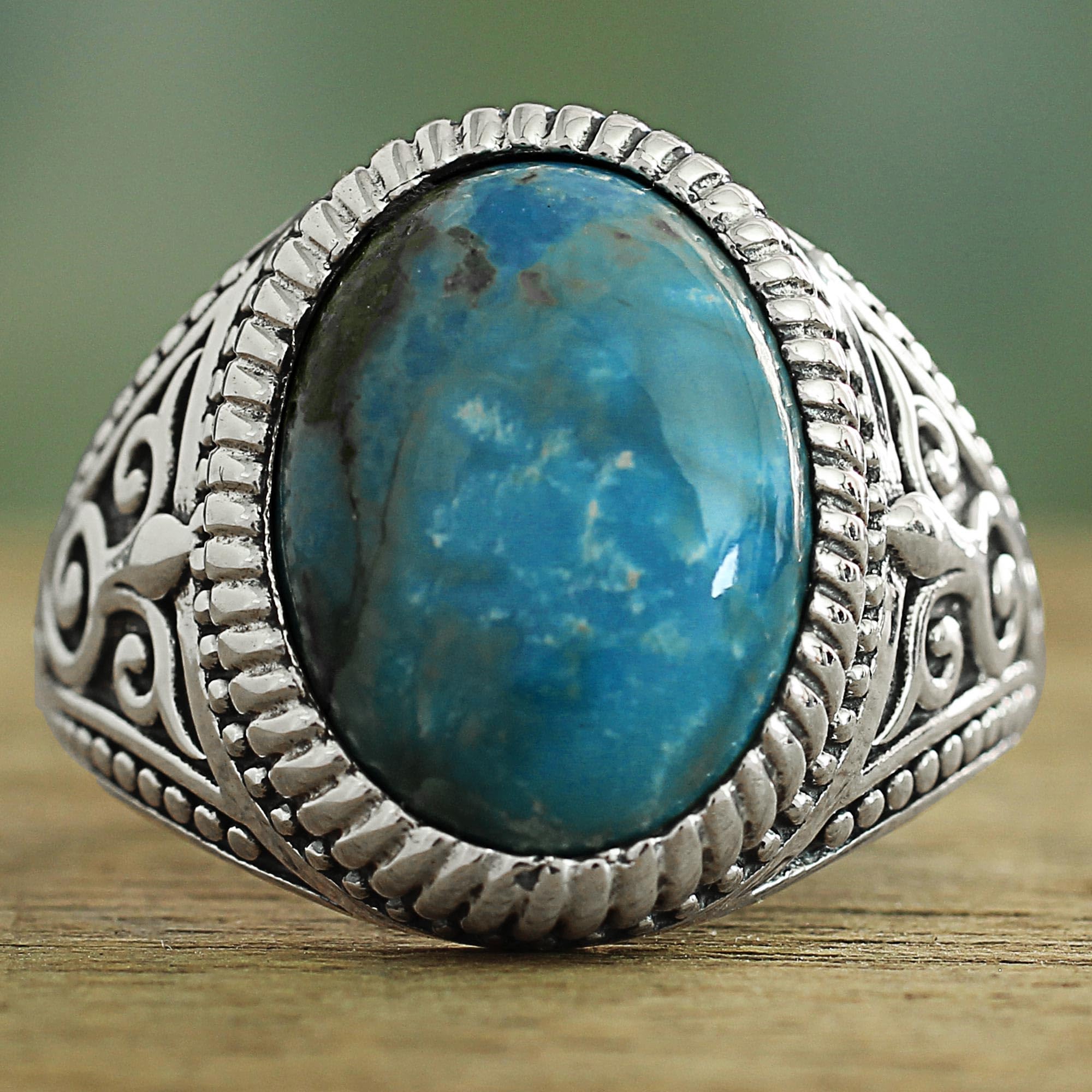 NOVICA Artisan Handmade Sterling Silver Singlestone Ring Cocktail with Reconstituted Turquoise Blue India [crownbezel 0.8 in L x 0.7 in W x 0.3 in H Band Width 4 mm W] ' Radiant Blue Beauty'