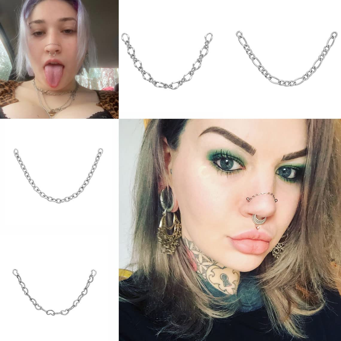 RAMUS KATEN 925 Sterling Silver Plated Nostril Jewelry Set β 3mm Nose Bone Rhinestone Studs and 6pcs Chain 4.0cm