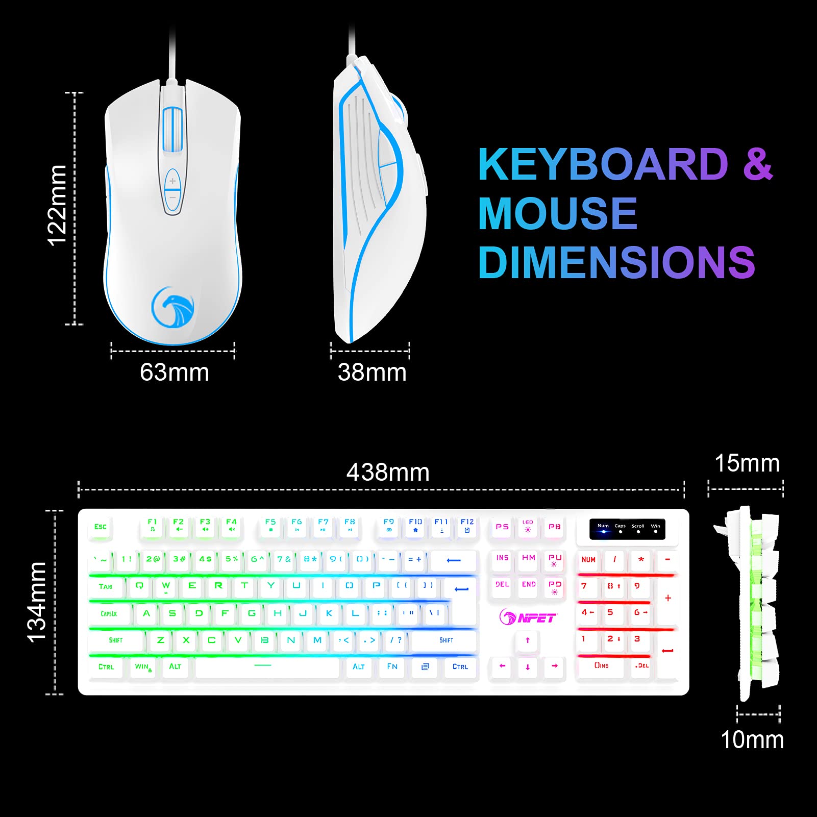 NPET S20 Wired Gaming Keyboard and Mouse Combo, RGB Backlit Quiet Ergonomic Mechanical Feeling Keyboard, Gaming Mouse 6400 DPI, for Desktop, Computer, PC, White…