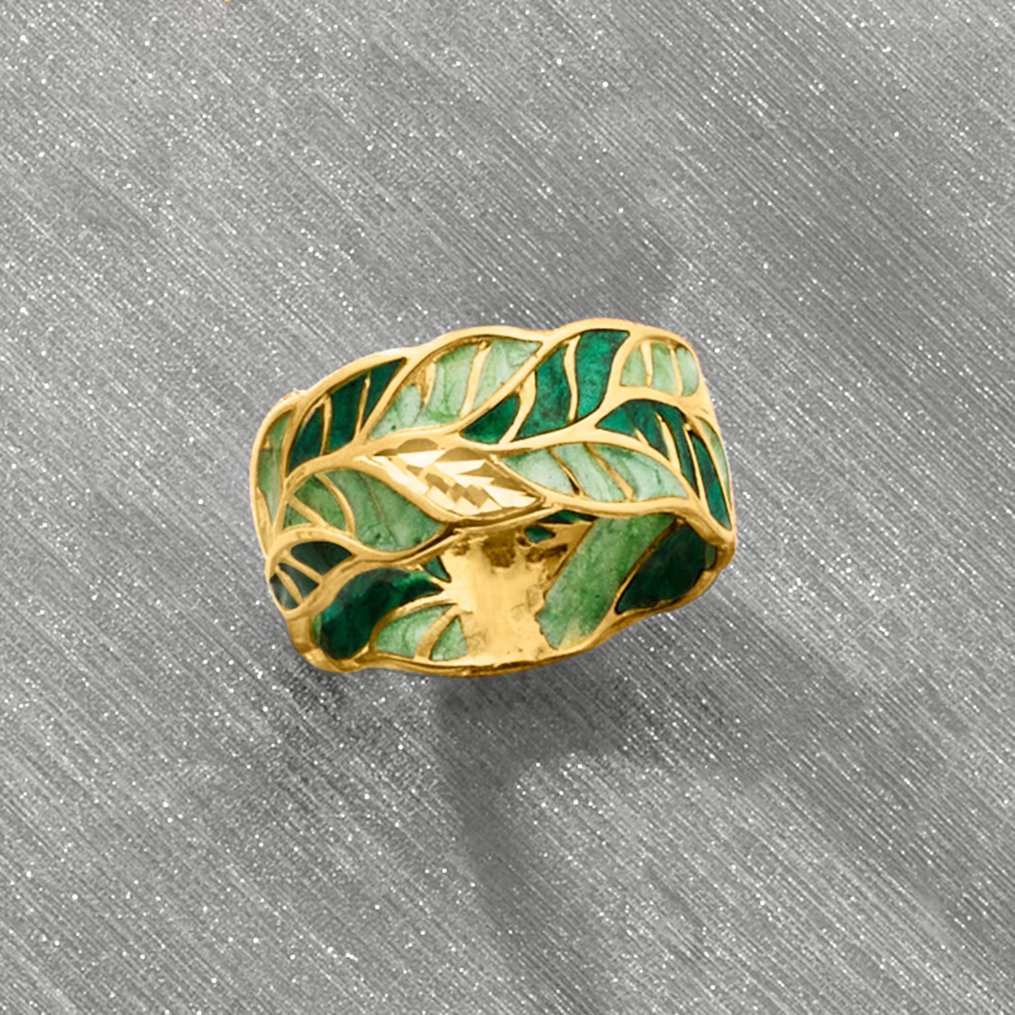 Ross-Simons Italian Green Enamel Leaf Ring in 14kt Yellow Gold. Size 8