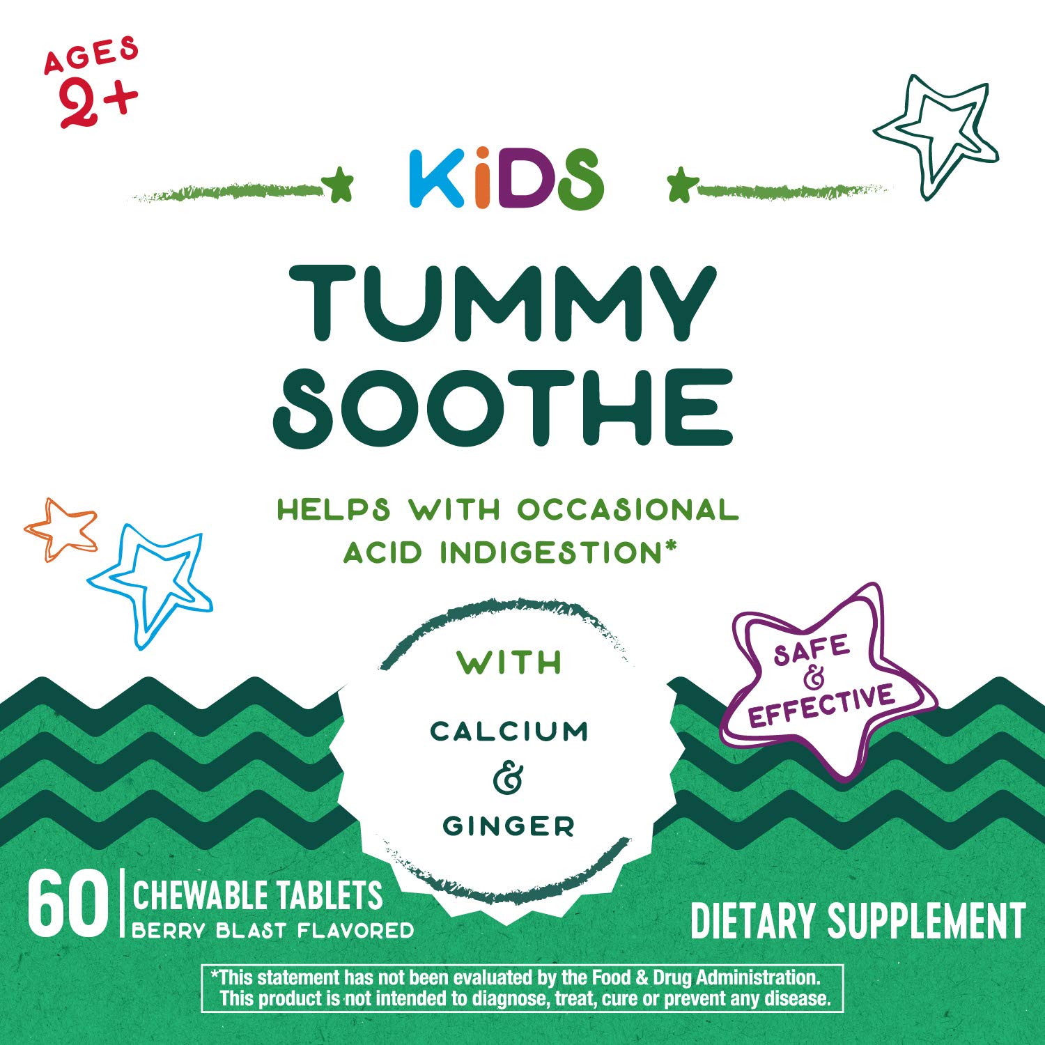 Nature's Way Kids Tummy Soothe with Calcium & Ginger, For Occasional Tummy/Stomach Upset*, Berry Blast Flavored, 60 Vegan Chewable Tablets