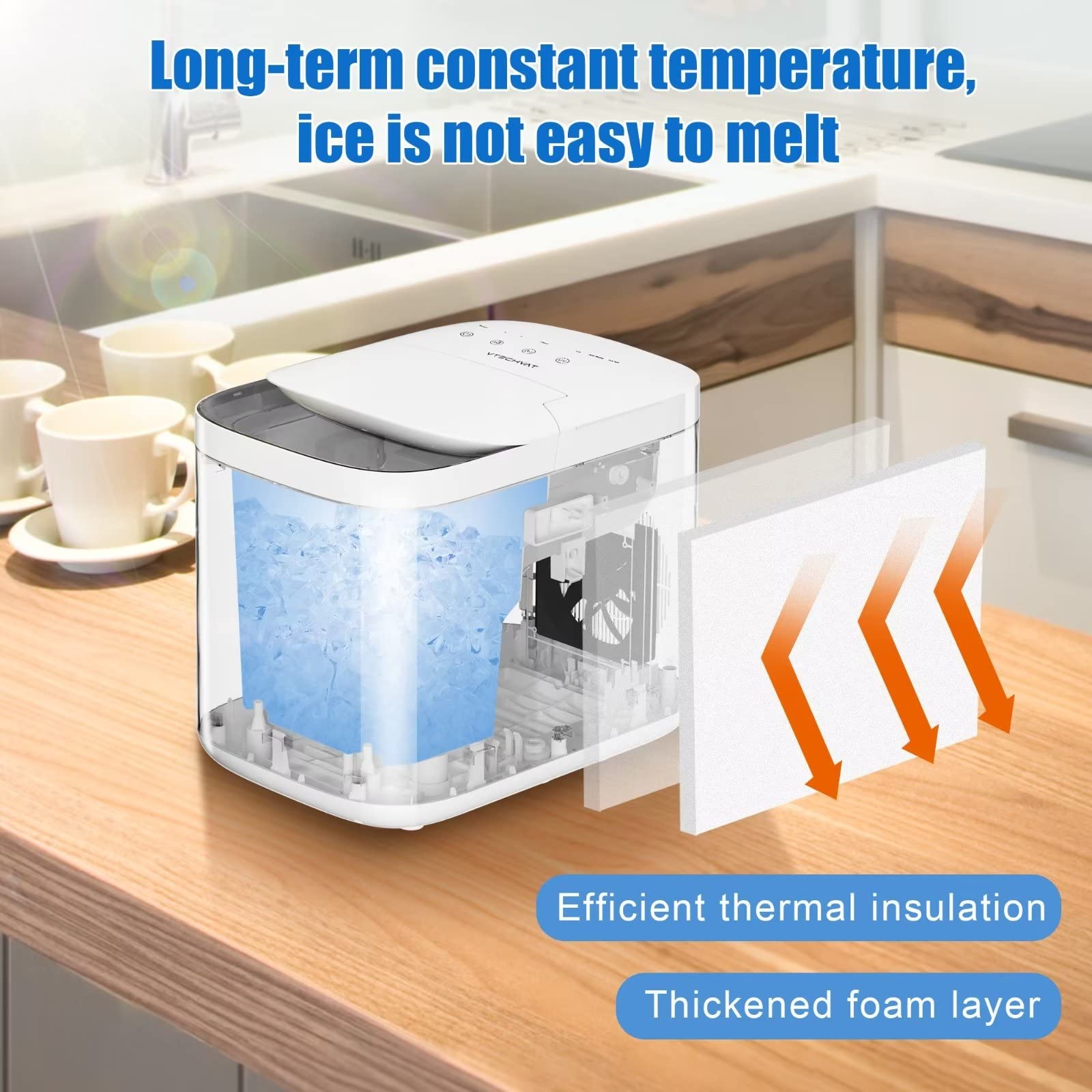 Vtechvat Ice Maker, Countertop Ice Maker with UV Lamp, Portable Ice Machine with Self Cleaning, ABS Material, 33lbs/Day, 6mins/8Pcs Bullet Ice, Counter Ice Maker for Home Kitchen Office Party(White)