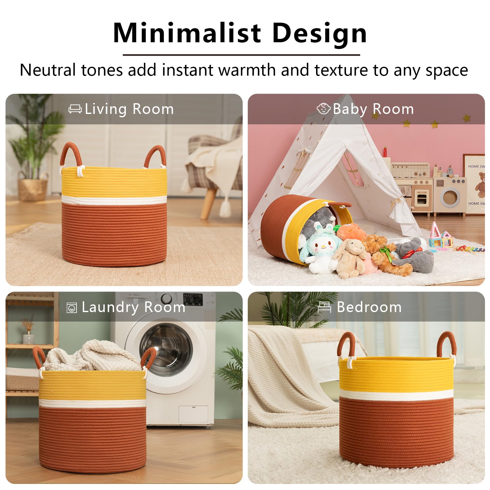 OIAHOMY 13.8x13.8x17.7 Inches Nursery Hamper, Decorative Blanket Basket for Living Room, Tall Laundry Basket With Handles, Large Nursery Clothes Hamper, Woven Laundry basket Organizer (Yellow)