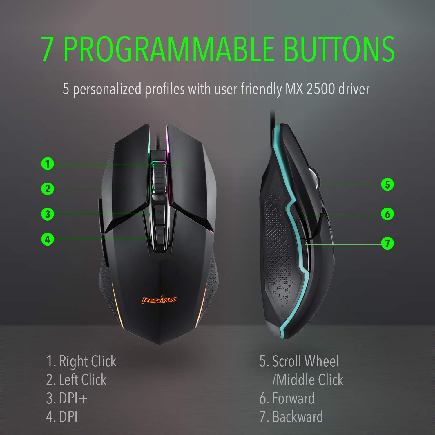 Perixx MX-2500B Wired Gaming Mouse, 5 Adjustable DPI Presets 500-10,800, RGB Lighting, 7 Programmable Buttons, Omron Switches, Ergonomic Design for PC Computer Gaming, Black (11724)