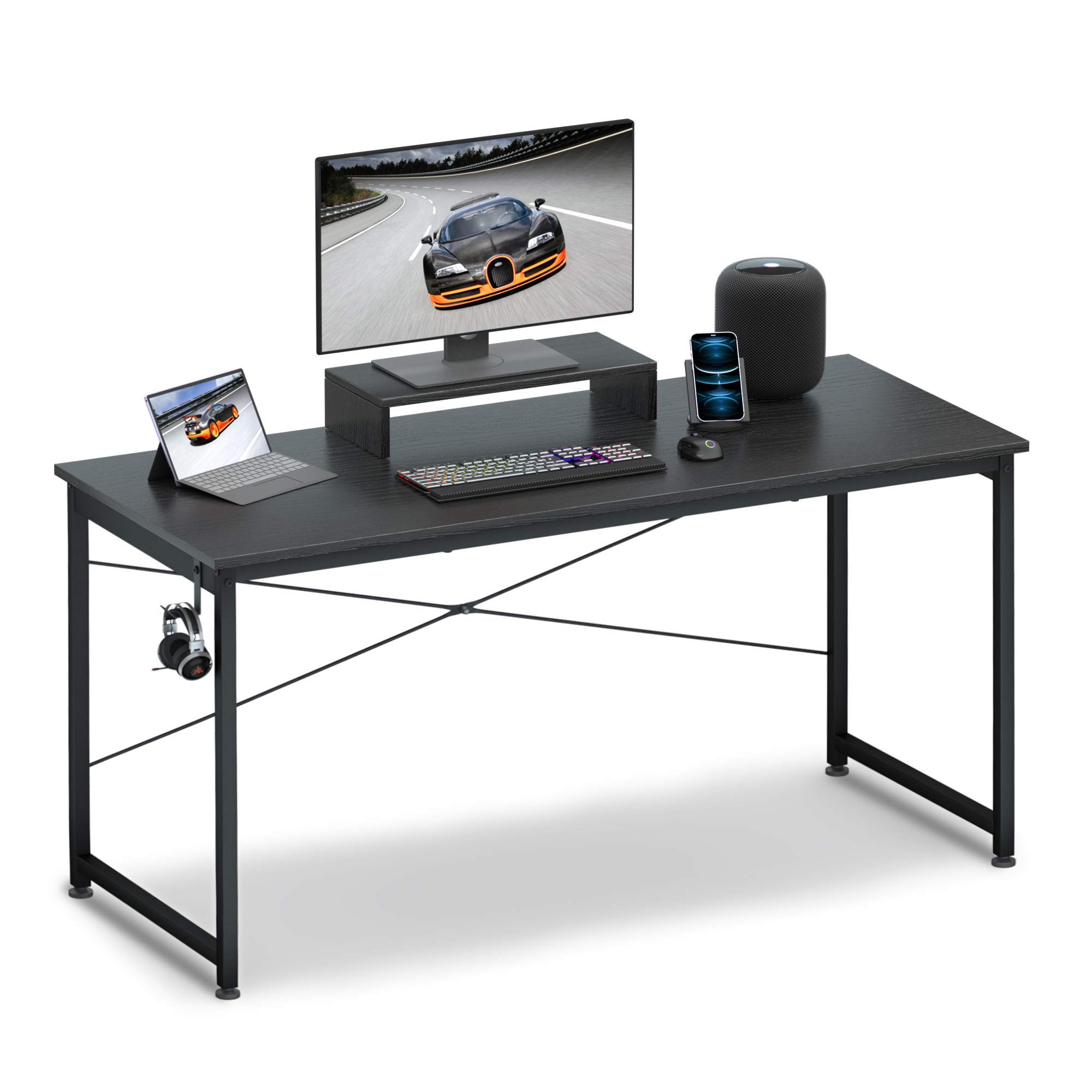 OTK Computer Desk 55" with Movable Monitor Shelf Riser, Sturdy Home Office Desk, Writing Desk, Gaming Desk with Headphone Hook, Computer Work Station, Work Table, Black