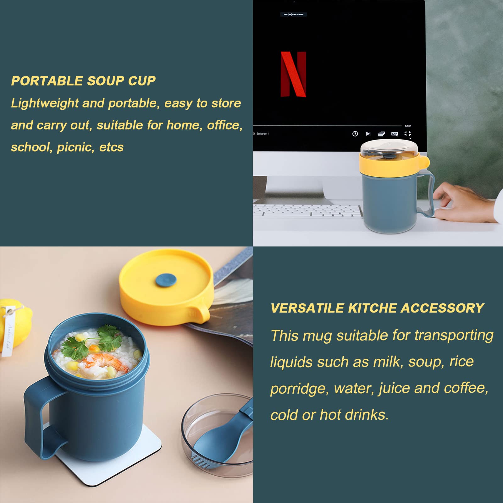 SUNSHNO Soup Mug,18 Ounce Microwave Soup Cups with Lid Allows Food Flasks Oven Milk Cup Food Jar Container for Noodles, Hot Cereal and More in a Single Container-(Yellow)