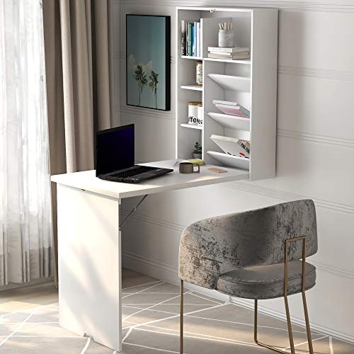 Norcia Folding Wall Mounted Table, Convertible Craft Desk with Storage, Multi-Function Computer Writing Floating Desk for Home Office (White)