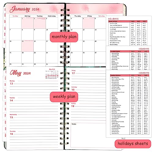 Planner 2023-2024 - Weekly and Monthly Planner, July 2023 - June 2024, 8.5" x 6.1" A5 Planner with Monthly Tabs, Twin-Wire Binding, White Flowers