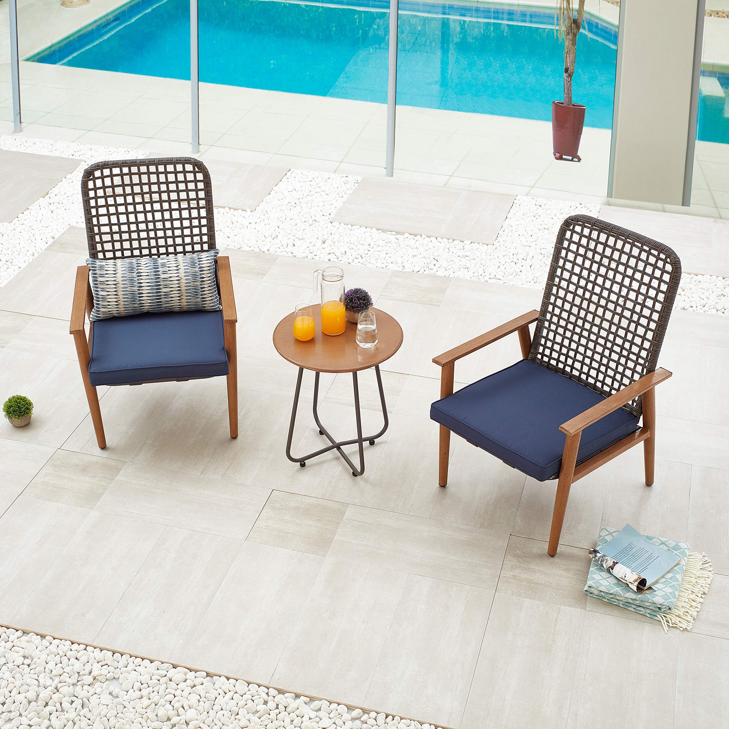 LOKATSE HOME Outdoor Patio 3 Piece Conversation Set Wicker Furniture 2 Cushioned Chairs and Side Table Modern Style, Blue