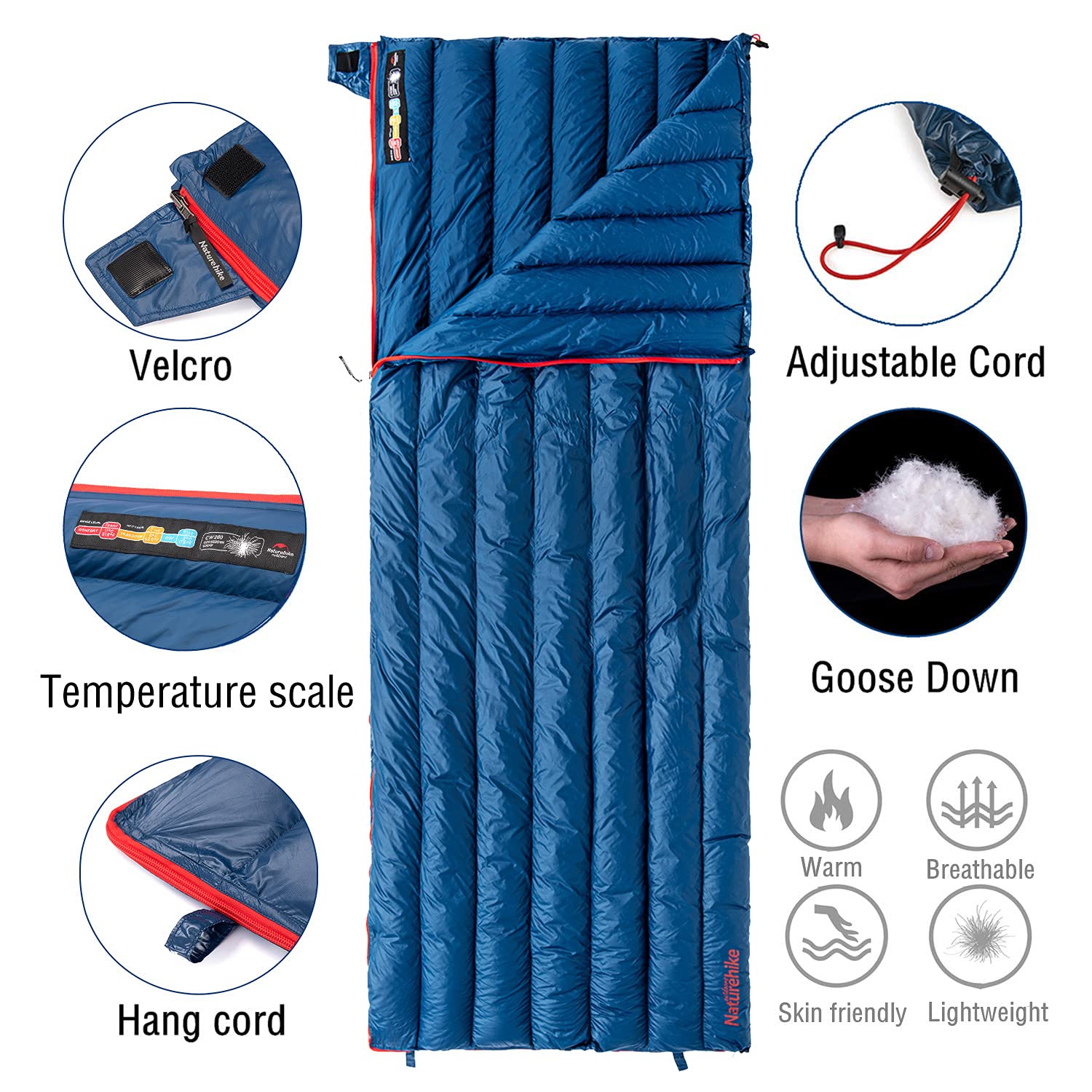 Naturehike 1.26lbs Ultralight Goose Down Sleeping Bag, 800Fill Power Compact Lightweight Envelope Sleeping Bag for Backpacking Camping Hiking, 95% Down Filling