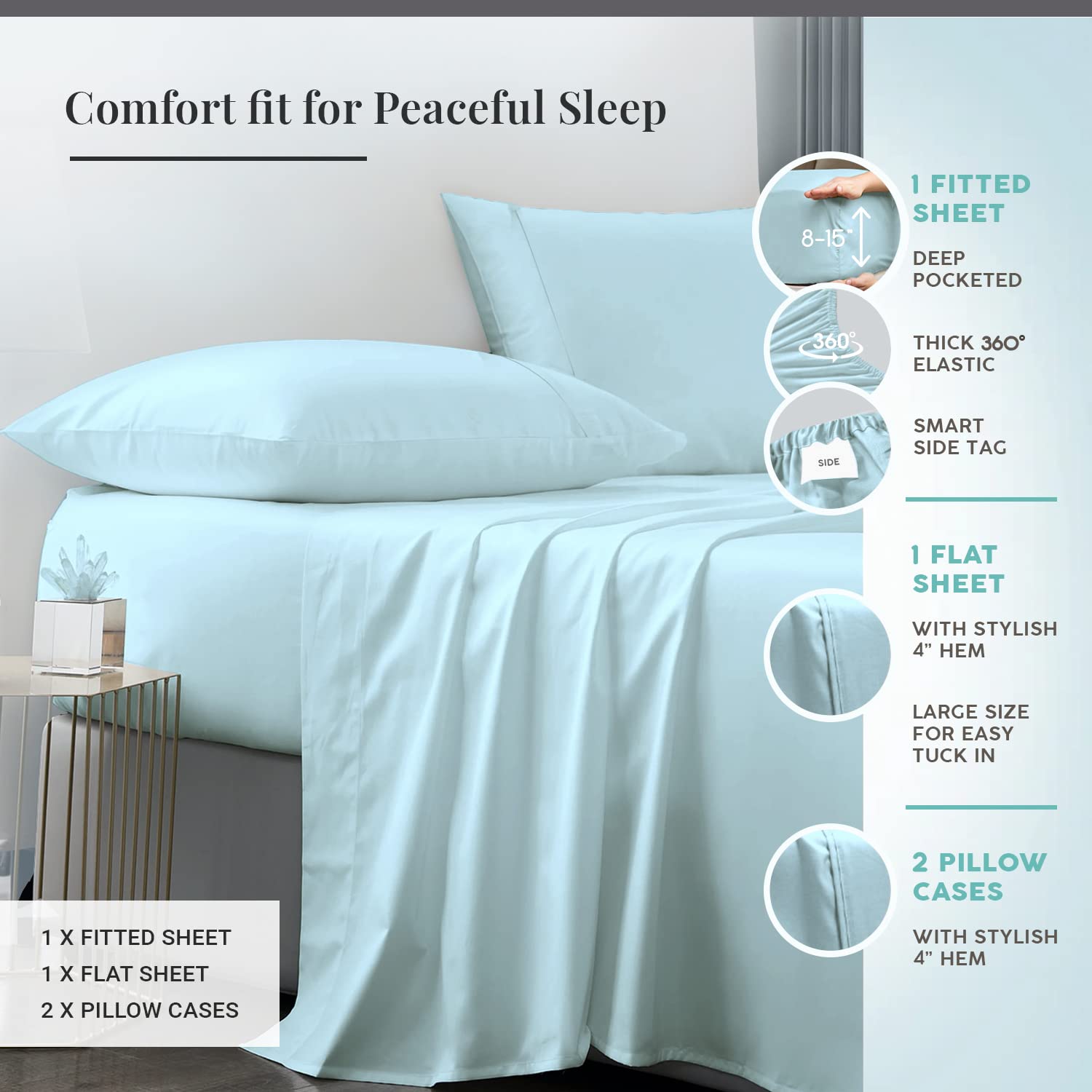 Pizuna Pure 100% Cotton Sheets Queen Size, 600 Thread Count Long Staple Cotton Crisp Sateen Sheets Queen with 15" Deep Pocket (Combed Denim Blue Cotton Sheets Queen)