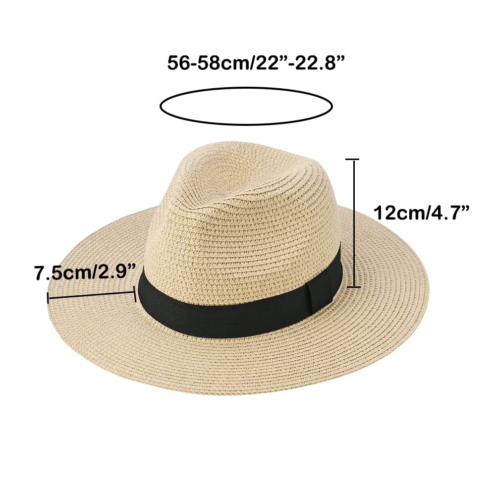 Straw Panama Hat for Women Men Summer Fedora Beach Sun Hat with Chin Strap Adjustable Foldable Floppy Wide Brim Hat(Beige)