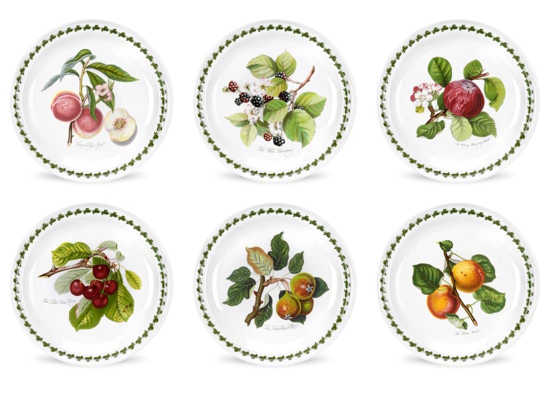 Portmeirion Pomona Collection | Set of 6 | Ceramic Dinnerware Dish Set | Microwave and Dishwasher Safe | Assorted Fruit Motifs | Made in England (Salad Plates)
