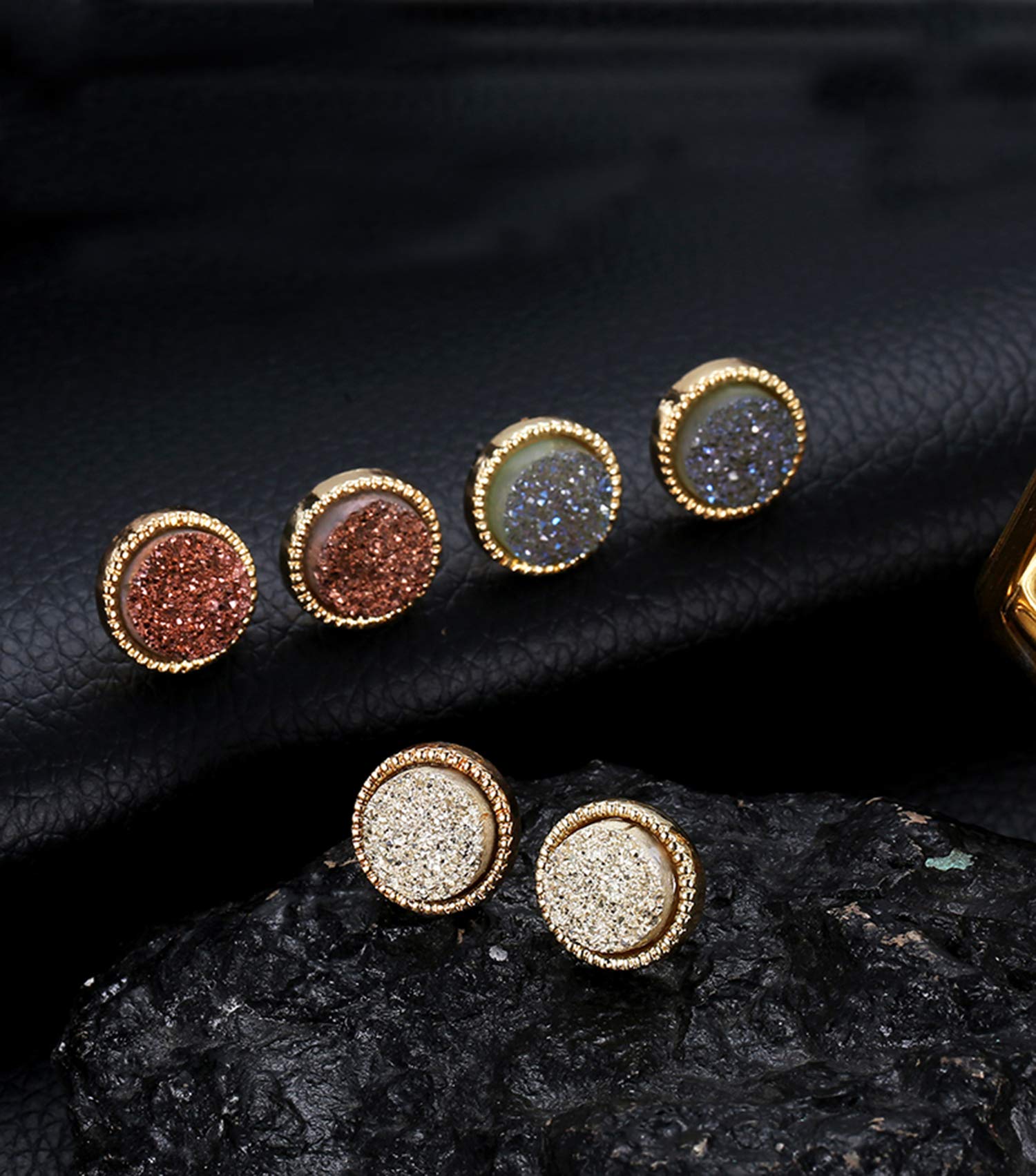 Ofeiyaa 9 Pairs Round Stud Earrings Stainless Steel Cute Druzy Crystal Studs Earrings Pierced for Women Ladies 10mm 20G
