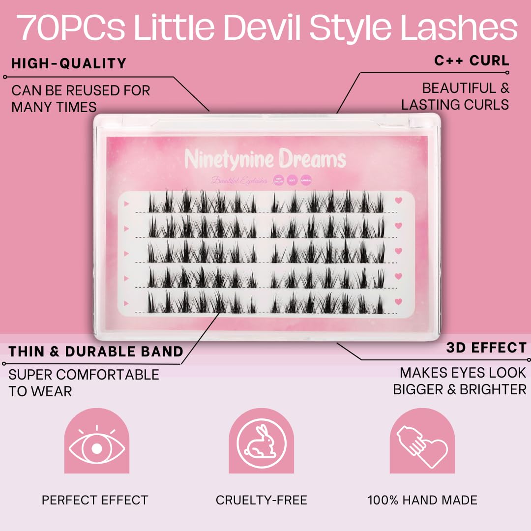 Ninetynine Little Devil Style (12mm) 70pcs C Curl Individual False Eyelash Extension Reusable Natural Soft Volume Lashes Clusters