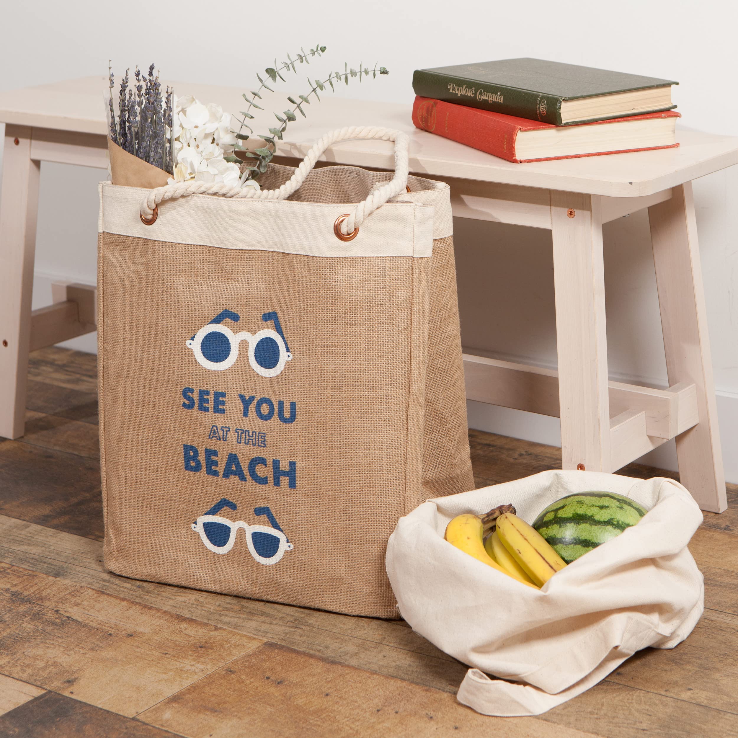 Now Designs Market Tote Bag, Beach Print - 13.5 x 17 in | Cotton & Jute Burlap