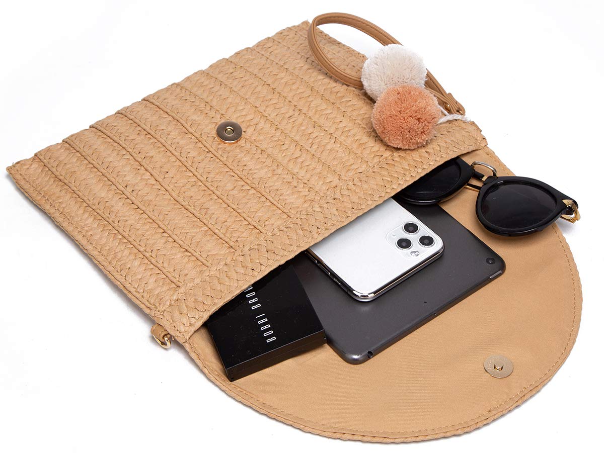 Straw Shoulder Bag Straw Clutch Women Hand-woven PomPom Straw Crossbody Bag Summer Beach Envelope Purse Wallet (E-Khaki)