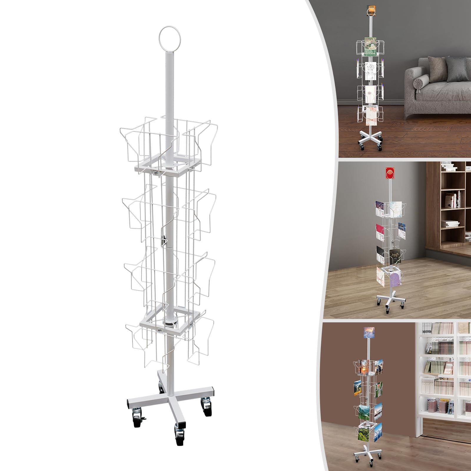 Rotating Greeting Card Display Rack, 4 Tiers Greeting Card Display Rack Christmas with 16 Pockets and 4 Wheels, Rotating Gift Card Display Rack for Vendors, Showcase, Retail, Tradeshow White