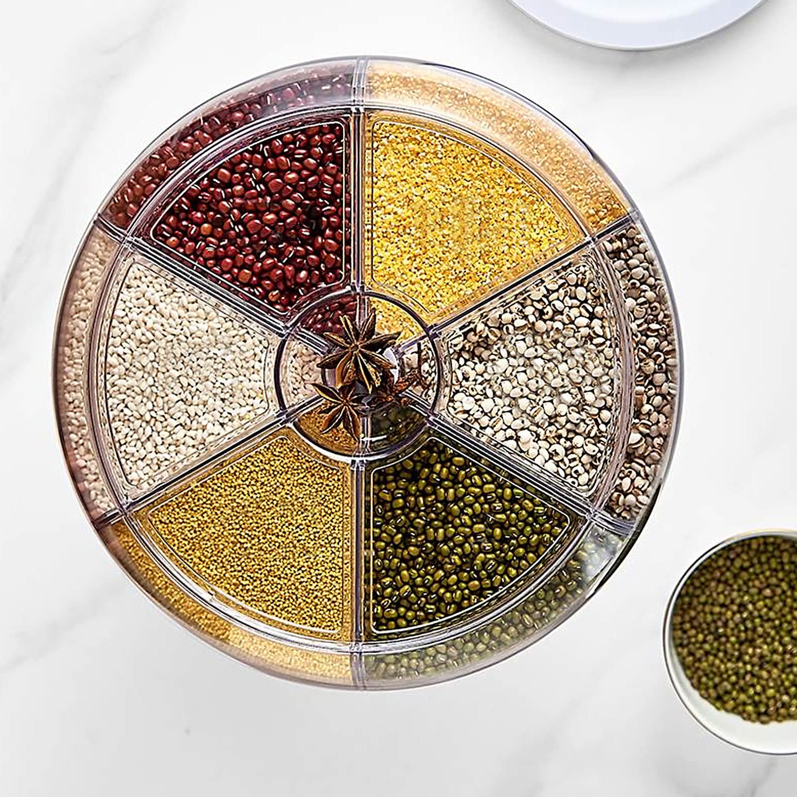 SABUIDDS Rotating Grain Dry Food Dispenser Countertop - 6 Grids Cereal Tank Dispenser for Lentils, Rice, Beans - Kitchen Pantry Storage Container- Max 10kg/22 lbs Capacity - White