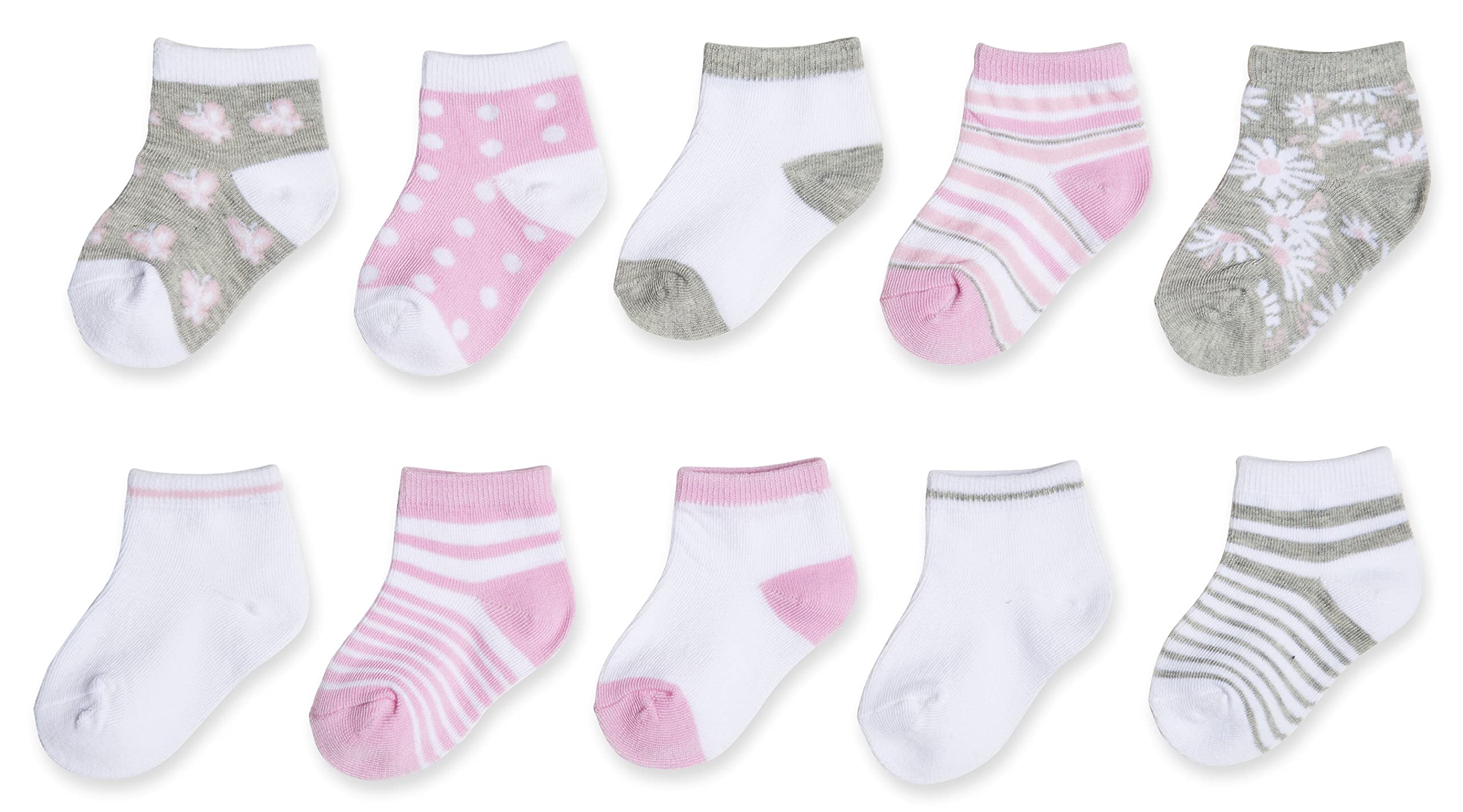 Nuby 10 Pack Infant Socks for Girls, All Weather Ankle Socks, Black and Pink, 12-24M