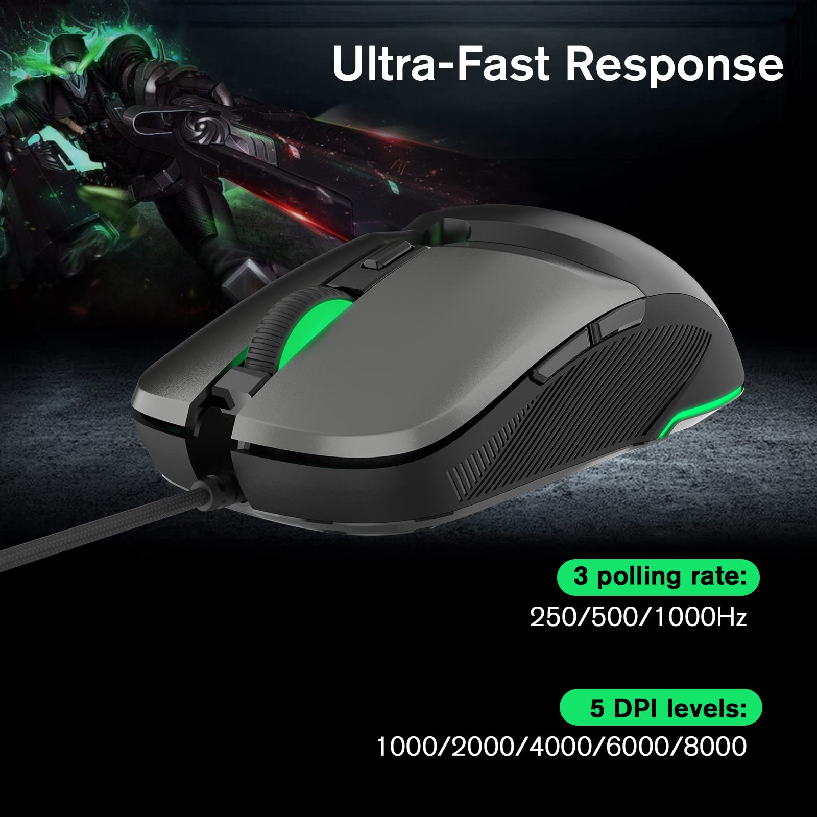 RaceGT Wired RGB Gaming Mouse, Ergonomic Mouse with 7 Backlight RGB Lighting Modes up to 7200 DPI,6 Buttons for Windows PC Gamers (Black)