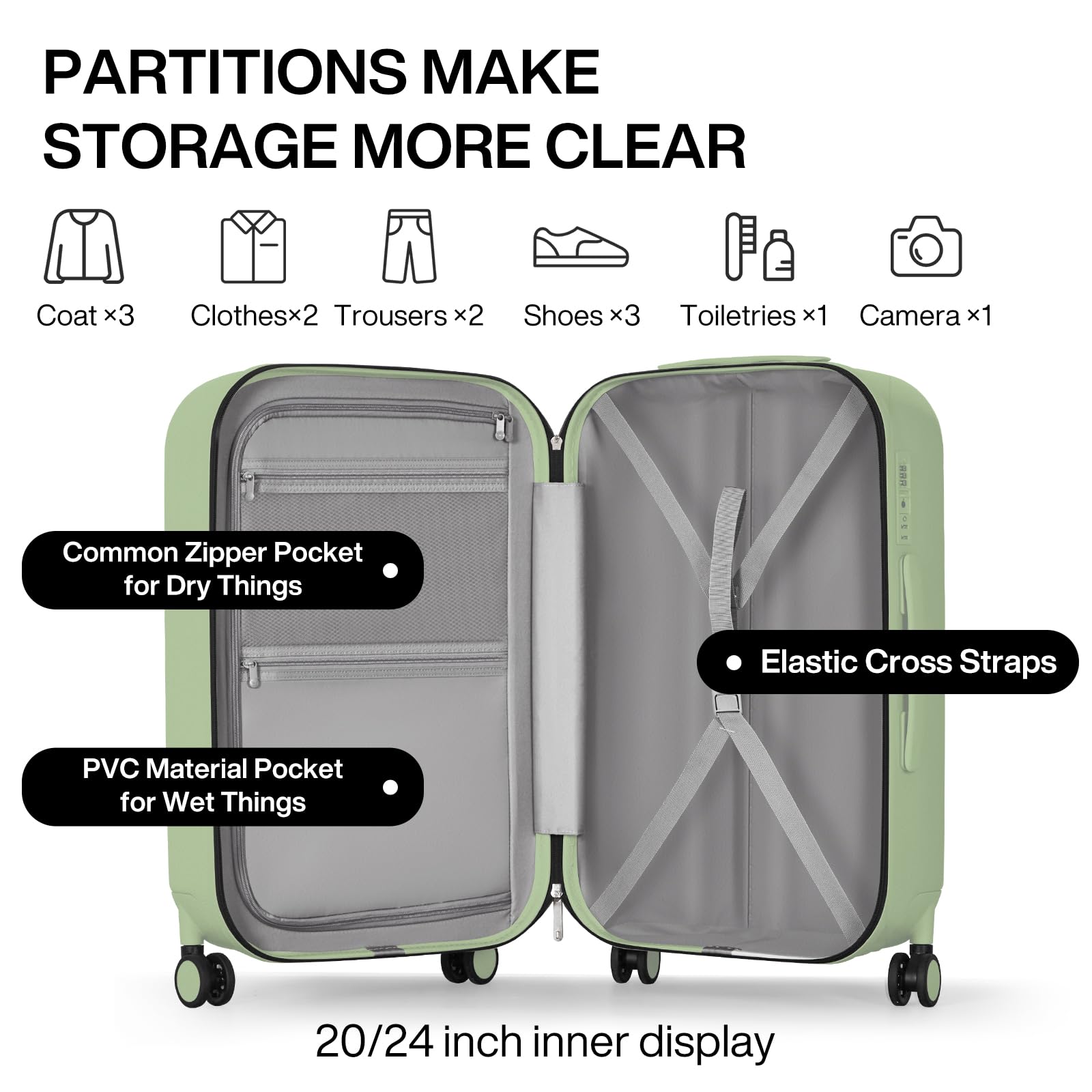 mixi Carry On Luggage Suitcase with Spinner Wheels Hardshell Lightweight Rolling Suitcases PC with Cover & TSA Lock for Business Travel,20inch, Avocado Green