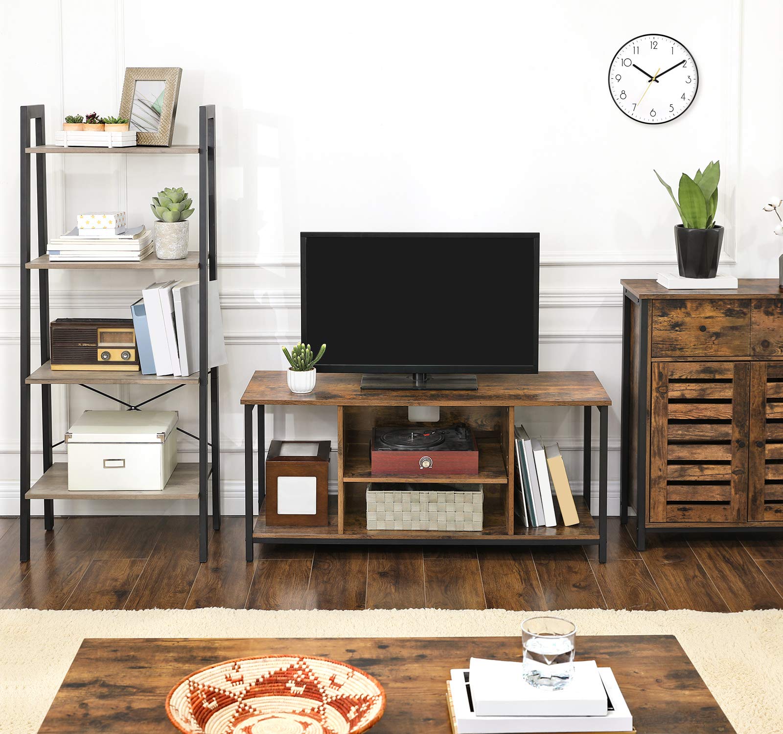 VASAGLE Ladder Shelf and Rolling Filing Cabinet Bundle, Industrial Style Office Storage Units, Mobile Cabinet on Wheels with Drawers, Greige and Black ULLS44MB and UOFC071B02