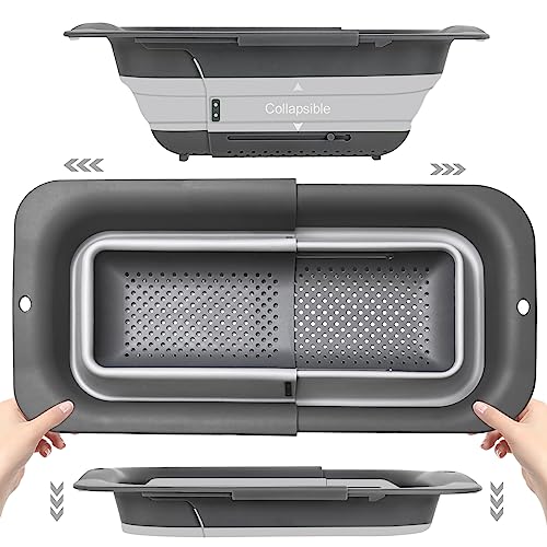 ROTTOGOON Collapsible Colander Strainer, Expandable Over the Sink Colander for Kitchen, Adjustable Silicone Sink Strainer, Foldable Large Colander Basket to Wash Vegetable, Fruit, 15" to 19.8", Gray