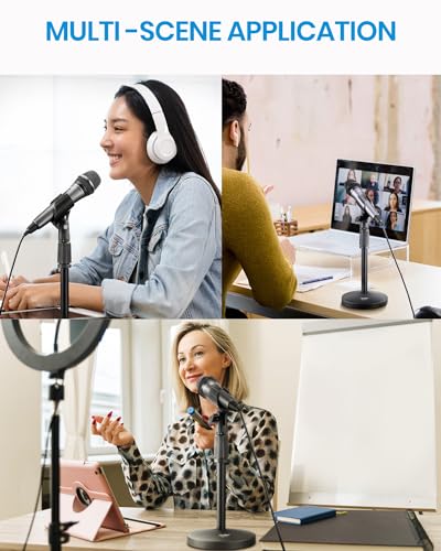 Moukey Desk Mic Stand with Non-Slip Mic Clip Adjustable Table Top Microphone Stand with 5/8" Male to 3/8" Female Screw Fits Most Microphone, MMs-2