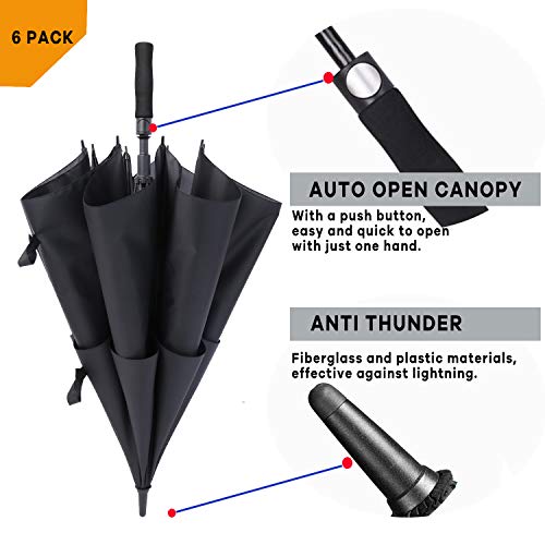 MRTLLOA 6 Pack 62/68 Inch Automatic Open Golf Umbrella, Extra Large Oversize Double Canopy Vented Windproof Waterproof Stick Umbrellas for Rain(62 Inch, Black)