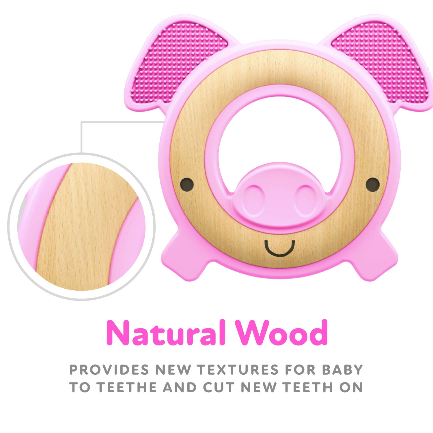 Nuby Natural Wood & Silicone Teether: Pig, 3M+, Pink (80803)