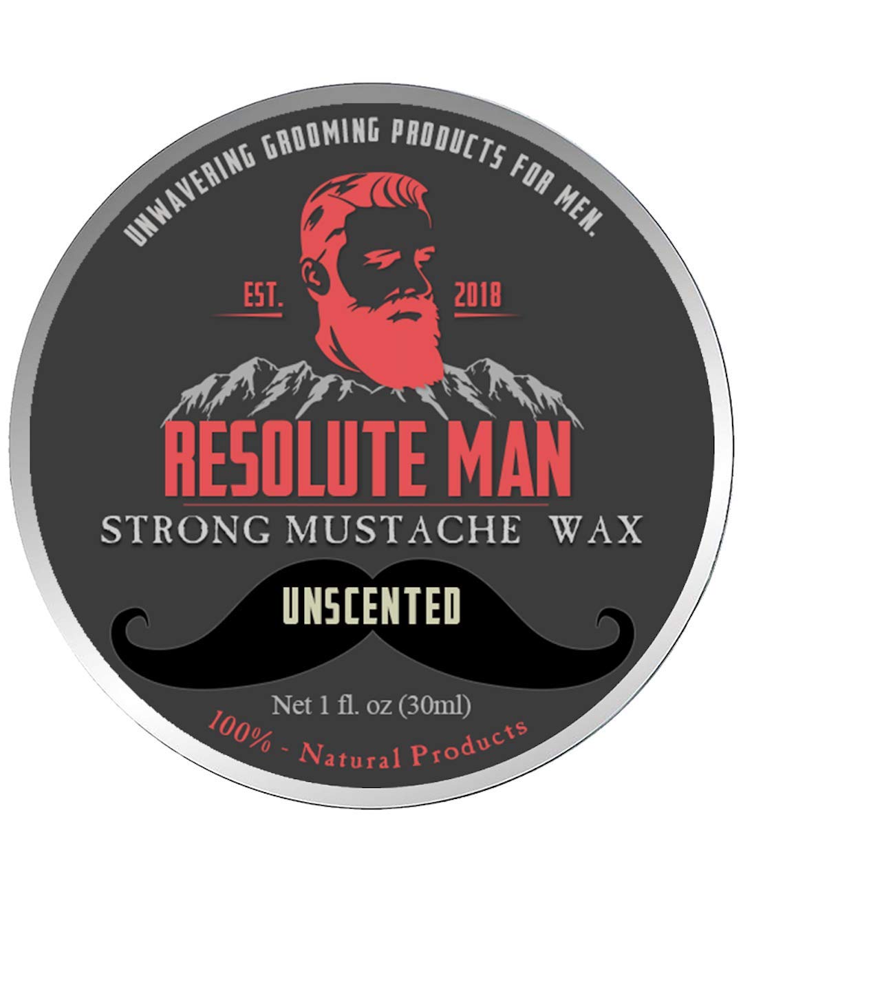Mustache Wax - Resolute Man - Unscented Strong Hold - 100% Natural and Organic Ingredients - 1oz Tin