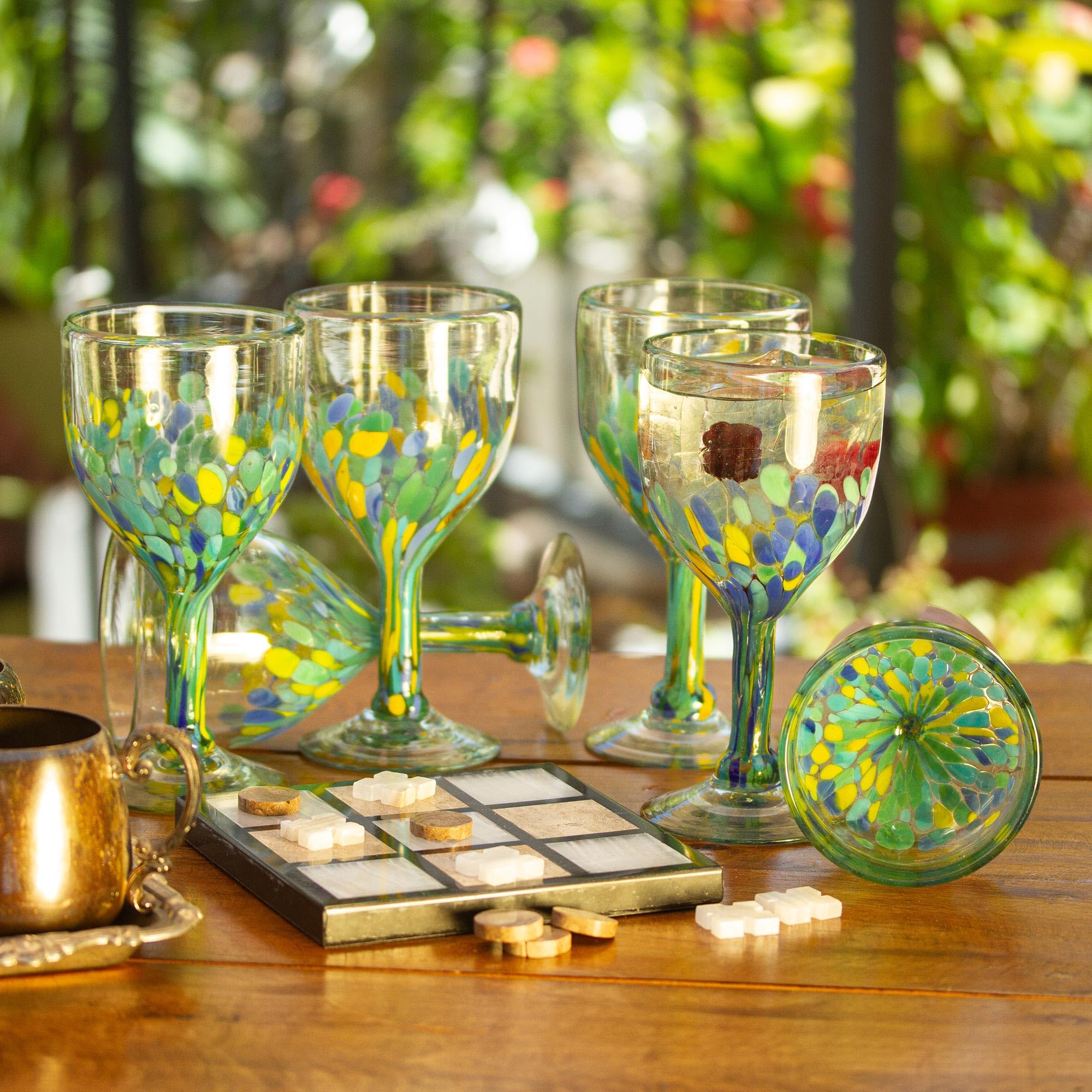 NOVICA Handmade Recycled Glass Wine Glasses Colorful from Mexico Multicolor Tableware Drinkware Handblown Eco Friendly [ 7in H x 3.6in Diam. 12 Oz.] 'Tropical Confetti'(Set of 6)