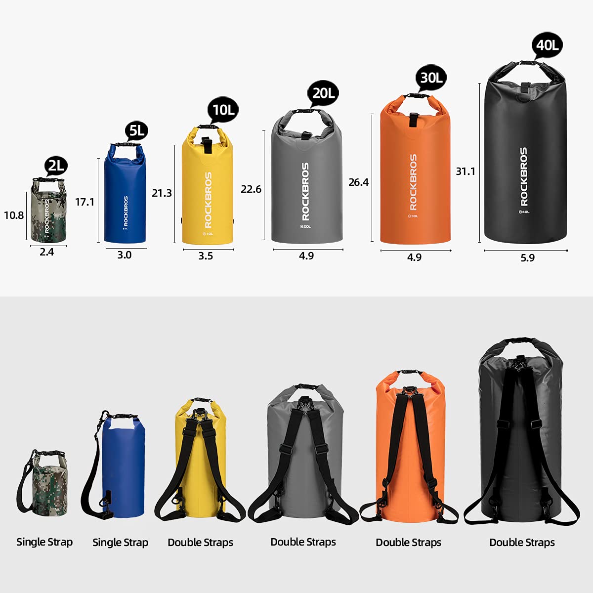 ROCKBROS Waterproof Dry Bag Heavy Durable Beach Backpack 2L 5L 10L 20L 30L Floating Dry Sack for Boating Kayaking Camping Swimming Rafting Hiking Fishing