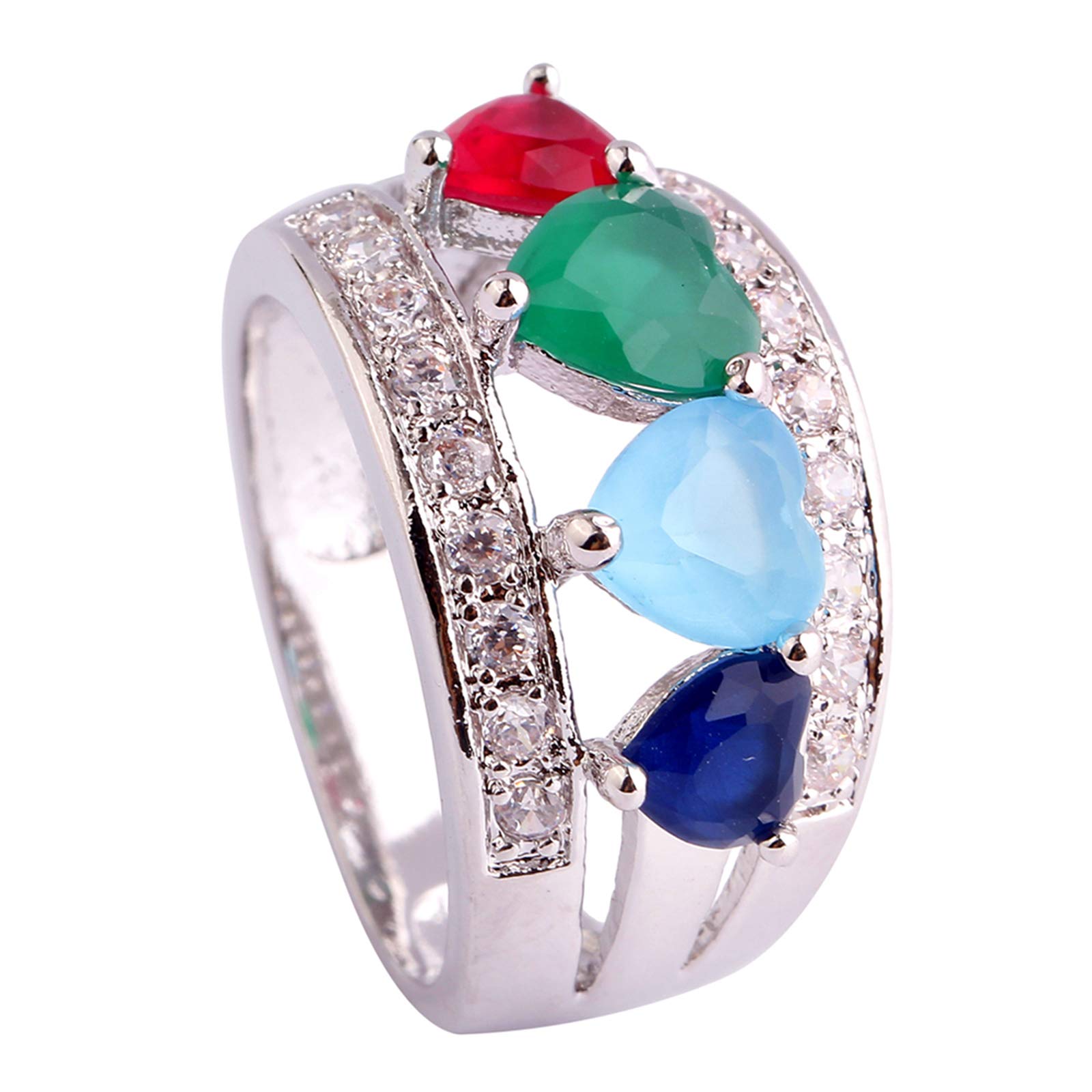 Psiroy 925 Sterling Silver Plated Simulated Blue Topaz & Pink Topaz Heart Band Love Ring for Women Size 12