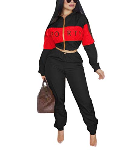 Ophestin Womens Letter Print 2 Piece Outfits Patchwork Windbreaker Tracksuit Set Black Size XL