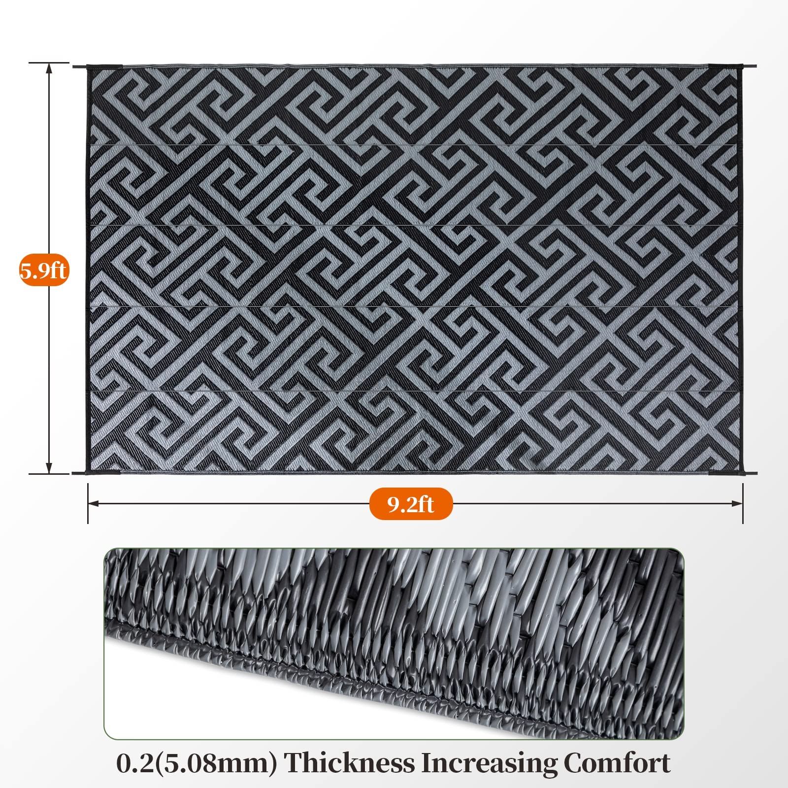 Mymytee Reversible Rugs Plastic Patio Area Rugs, 5x8FT Lightweight Outside I-Shaped Mats for Patio, Straw, RV Camping, Beach and Picnic (Black + Grey)