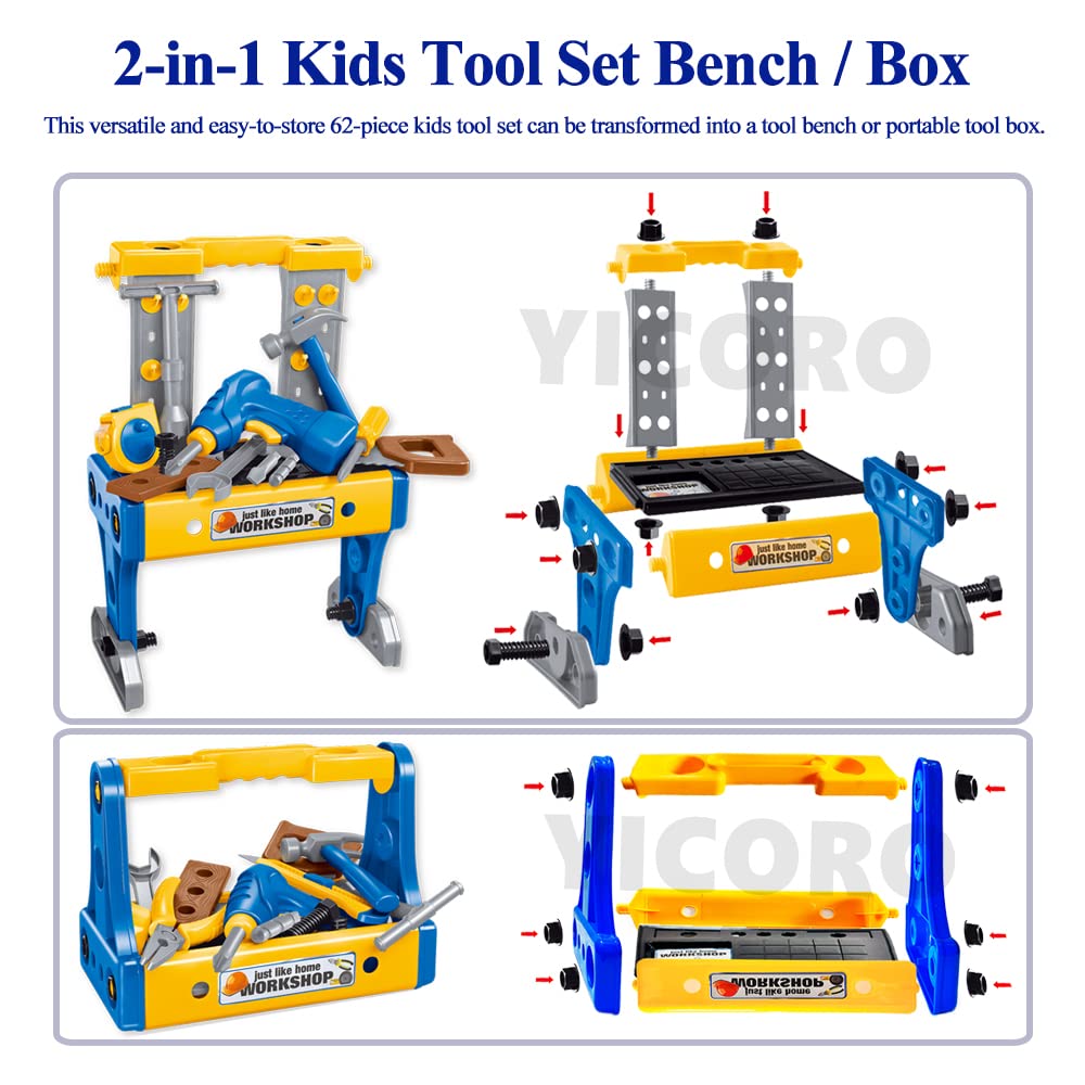 YICORO Kids Tool Set, 62 Pcs 2 in 1 Tool Set with Tool Box & Workbench, Pretend to Play Electronic Toy Drill Kids Toys, Toy Tools for Kids Ages 3 4 5+ Years Old
