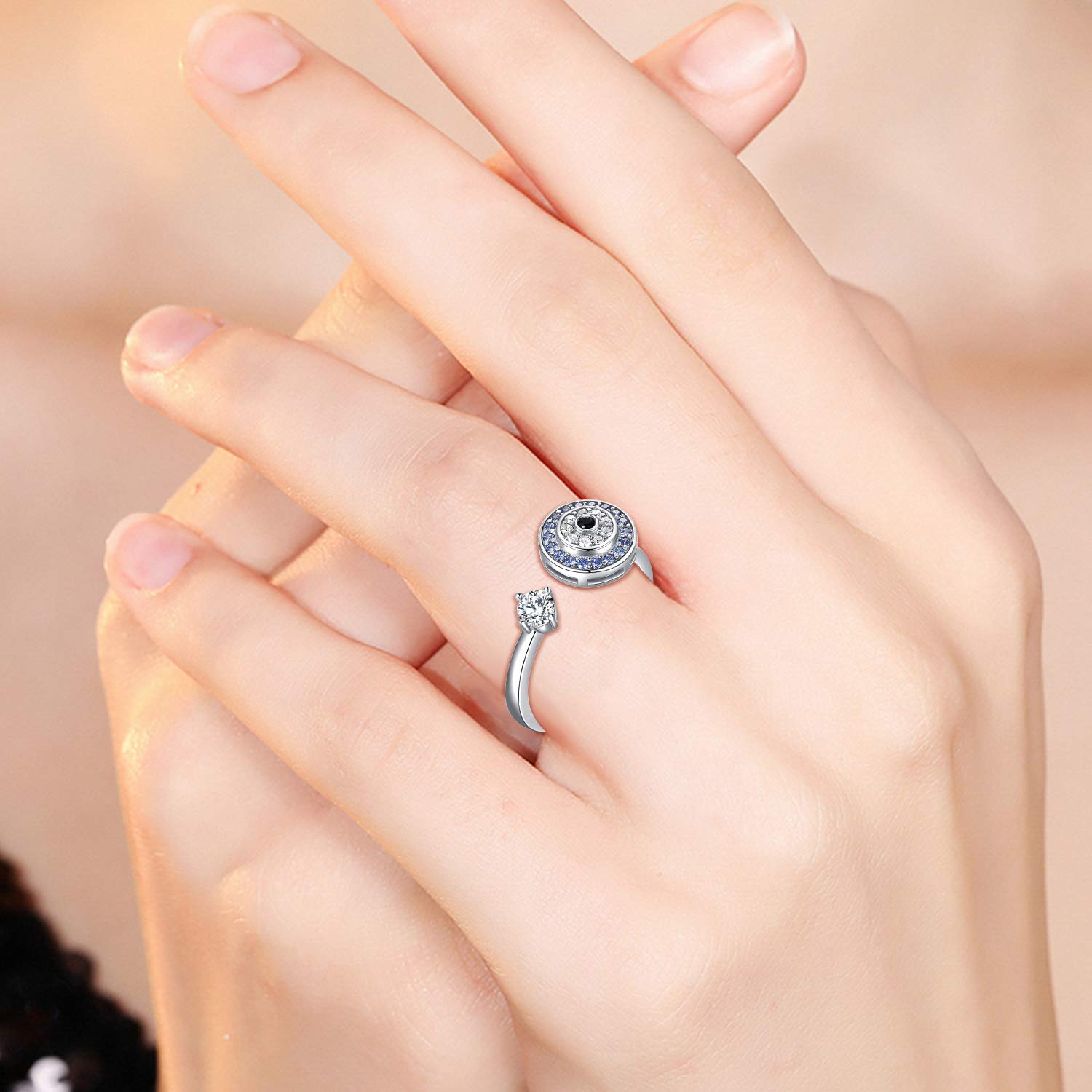 PEIMKO Rotating 925 Sterling Silver Evil Eye Fidget Rings for Women, Anti-Anxiety Spinning Adjustable Open Ring Size 5-12