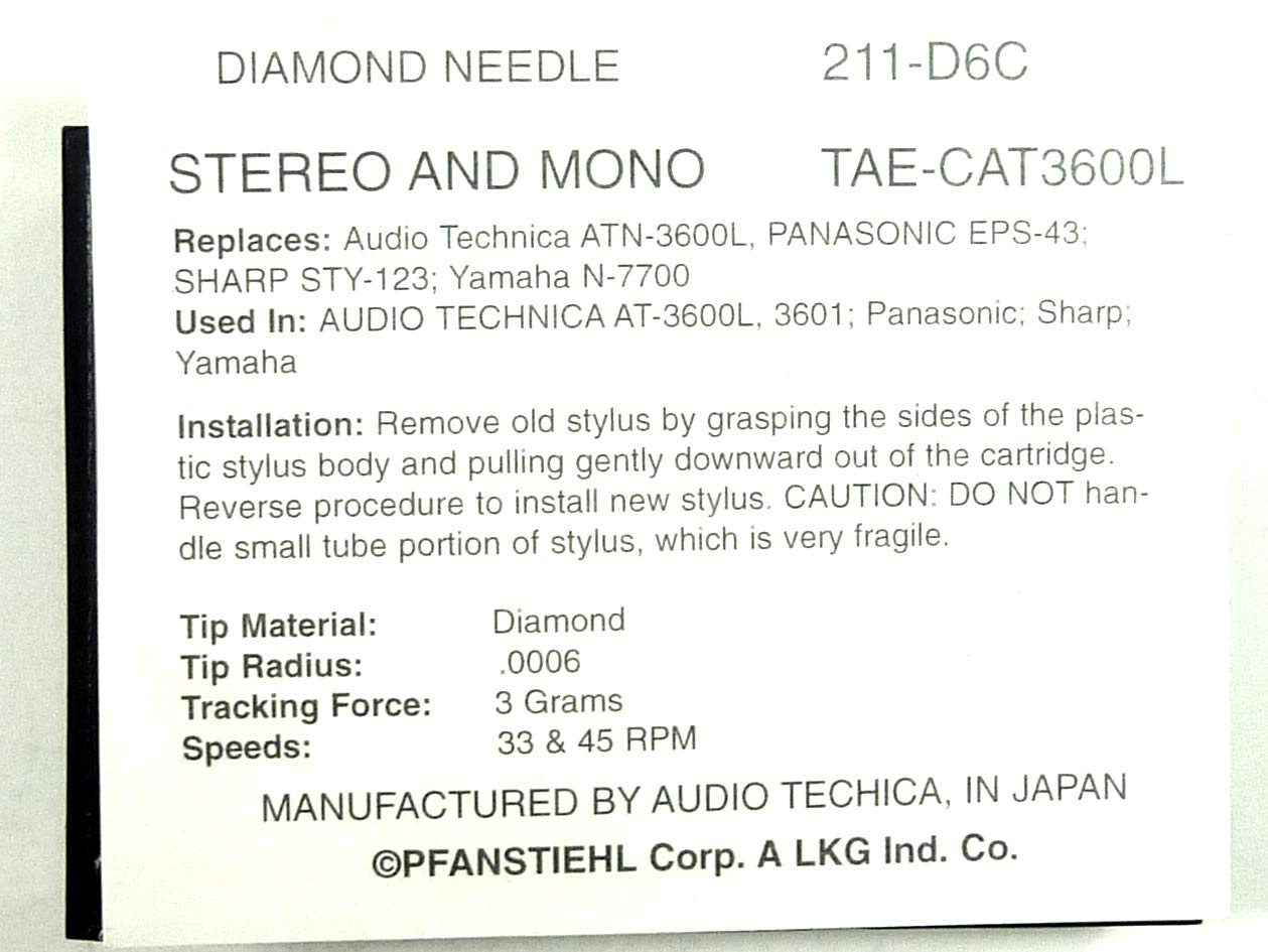 Pfanstiehl Phonograph Needle For Audio Technica AT3600L ATN3601 Panasonic EPC-36, EPS-43, 75SMHD, EPS-43STSD, EPS-75STHSD, Sharp STY-123, Yamaha N-7700