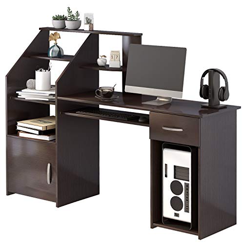 Merax Computer Desk with Drawers,Modern Home Office Desk, Computer Desk with Keyboard Tray/Hutch/Shelves/Storage and Monitor Shelf,Spacious Study Writing Desk Workstation