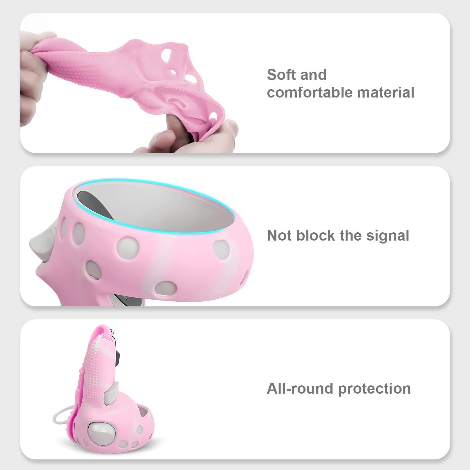 TOMSIN VR Silicone Face Cover, Full Coverage Grips Cover, Shell Front Cover with Lens Cover, Anti-Throw Protector with Adjustable Knuckle Straps Accessories Set for Oculus Quest 2 (Pink)