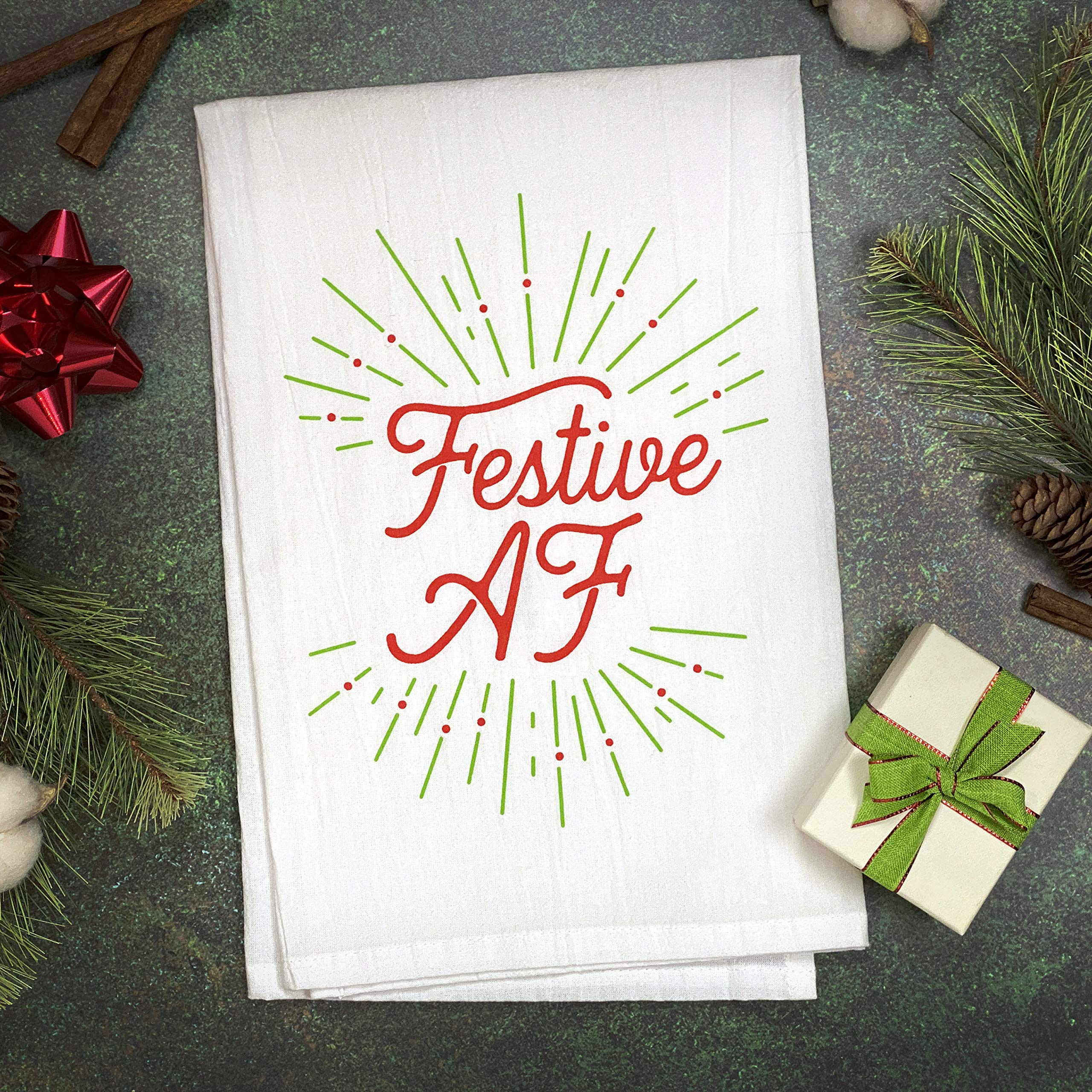 RubiaRojo Holiday Kitchen Towel β Festive AF β White Flour Sack Hand Towel