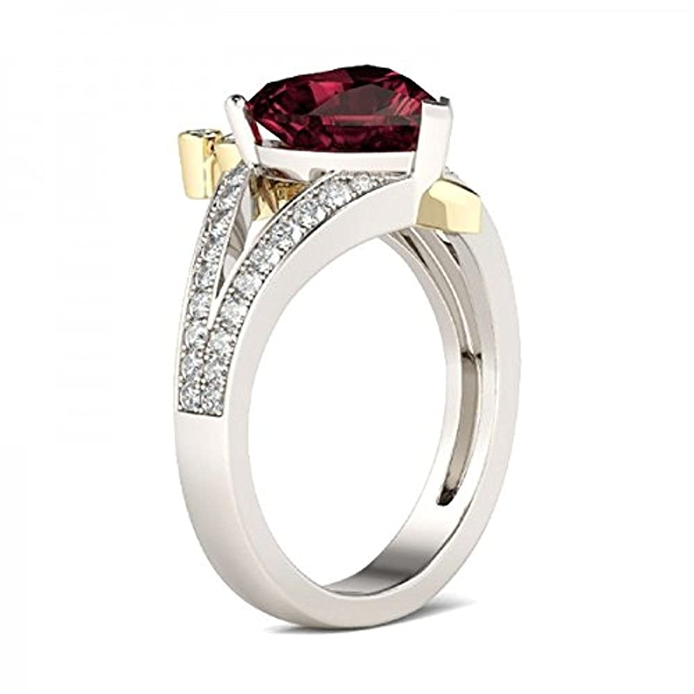 RUDRAFASHION Heart & Round Cut Red Garnet & Dia 10K Two-Tone Gold Over Silver Snow White Dagger Engagement Ring For Women's (6.5)